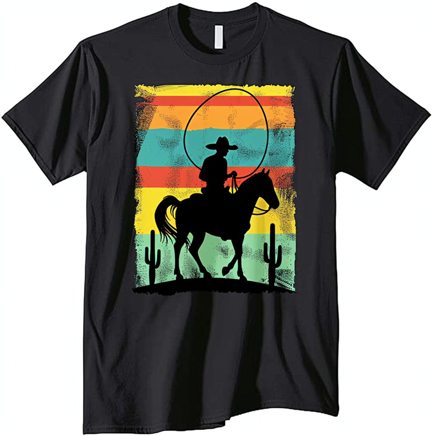 Vintage Rodeo Cowboy Black T Shirt with Cactus Desert Scene Retro ...
