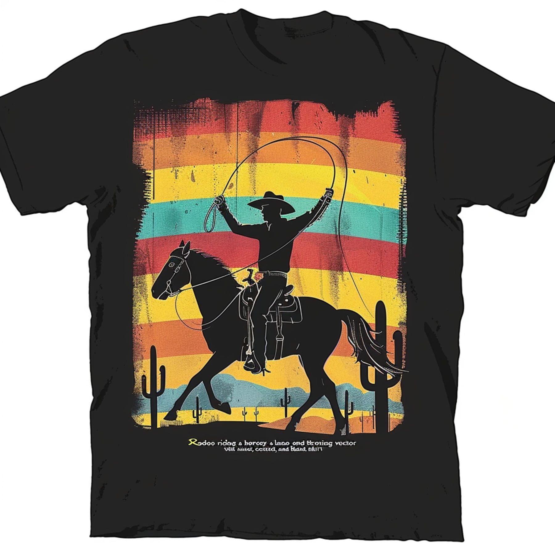 Vintage Rodeo Cowboy Sunset Desert Lasso Horse Black Tee - Walmart.com