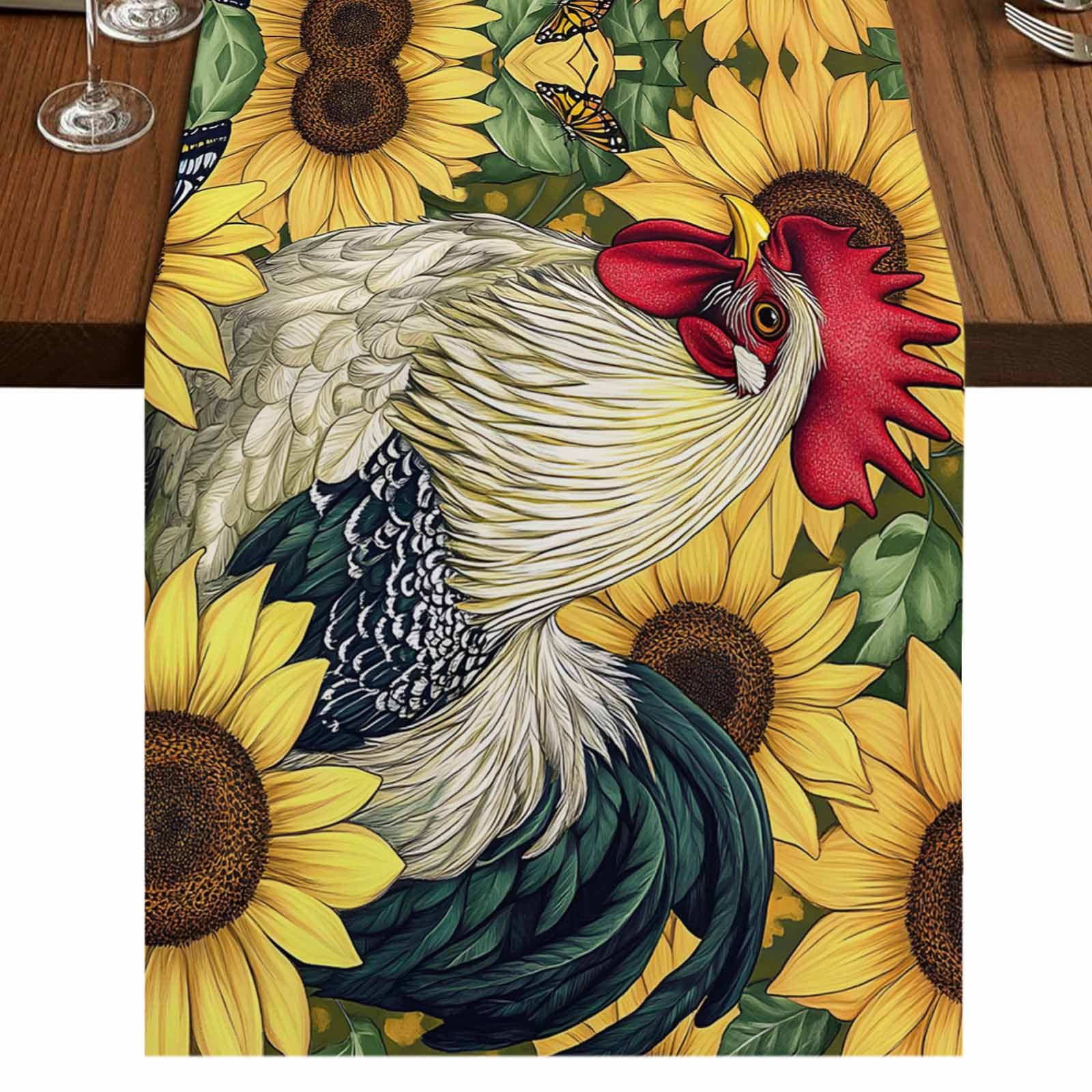 Vintage Rooster 108 Inch Table Runner, Watercolor Farmhouse Sunflower ...