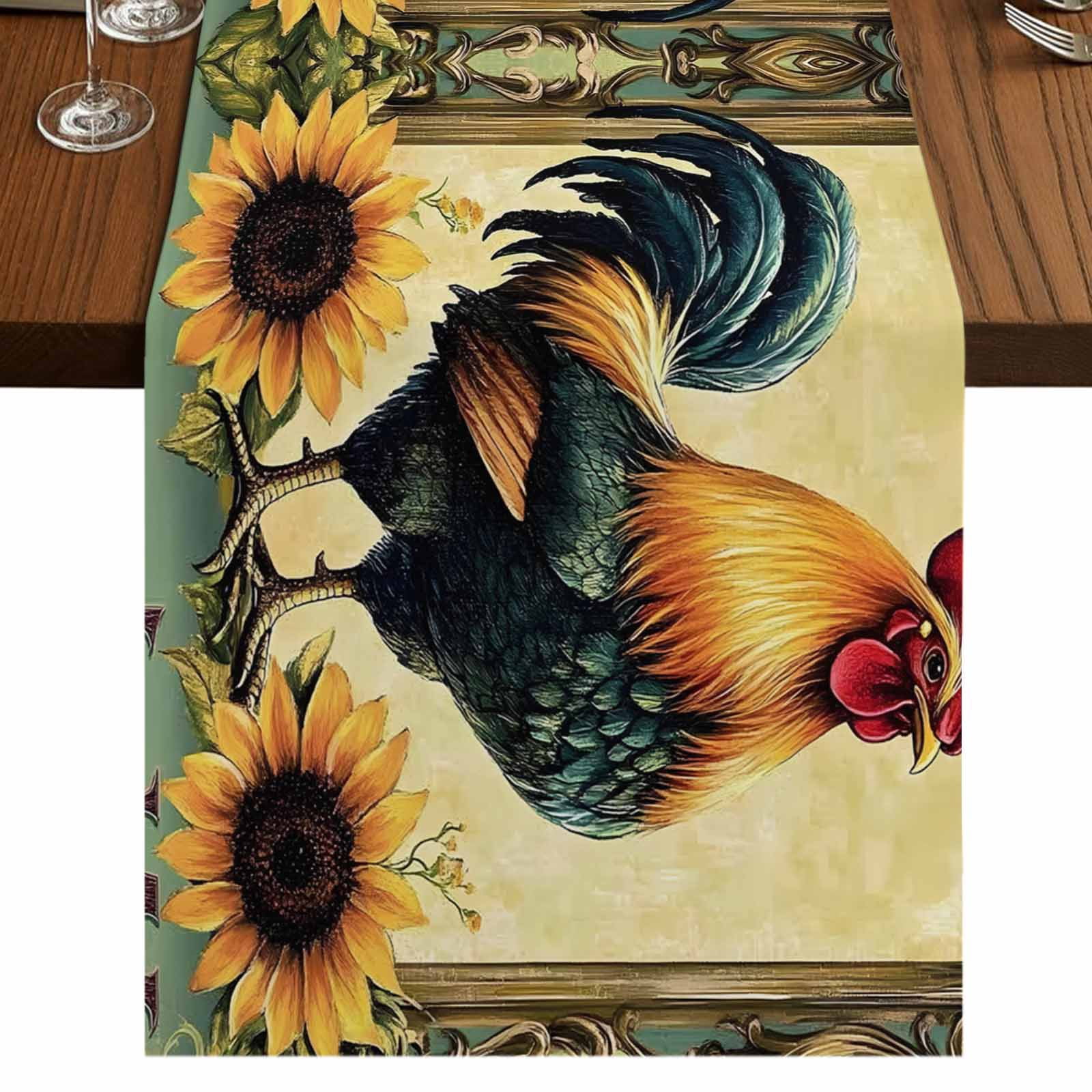 Vintage Rooster 120 Inch Table Runner, Watercolor Sunflower Animals ...