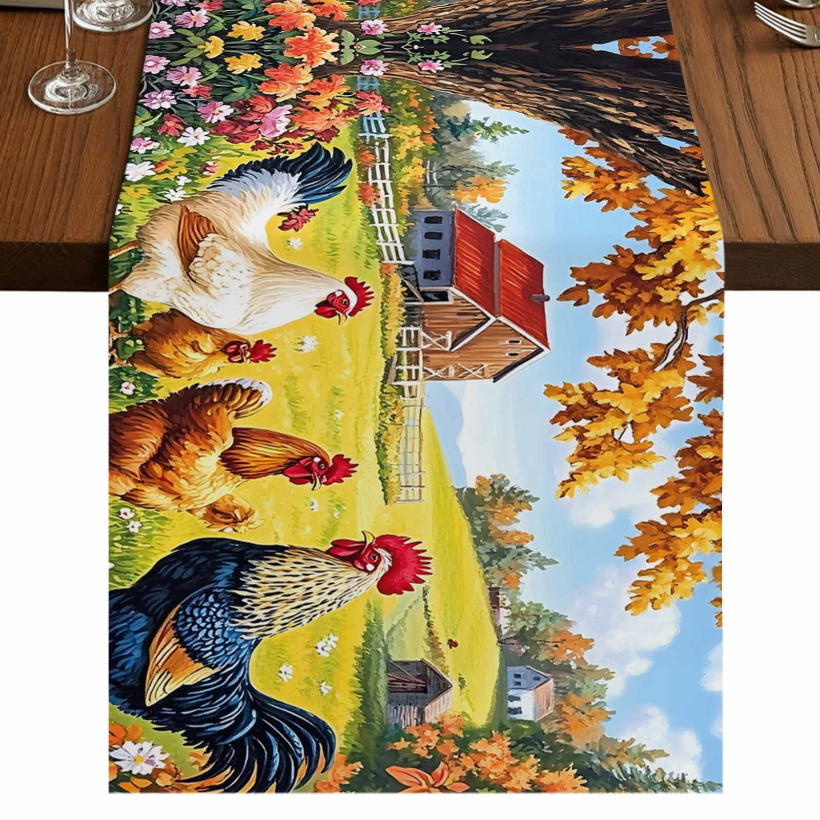 Vintage Rooster 90 Inch Table Runner, Farmhouse Animals Spring Floral ...