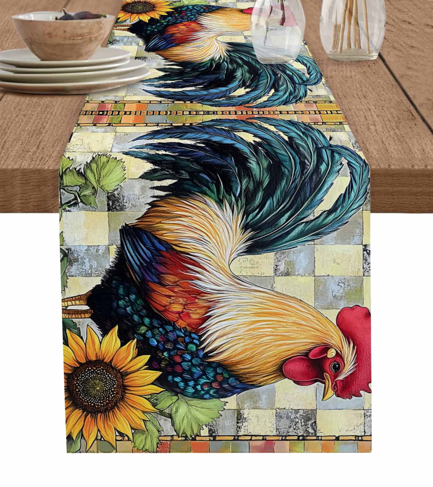 Vintage Rooster Burlap Cotton Table Runner 13x108 Inches Long, Yellow ...
