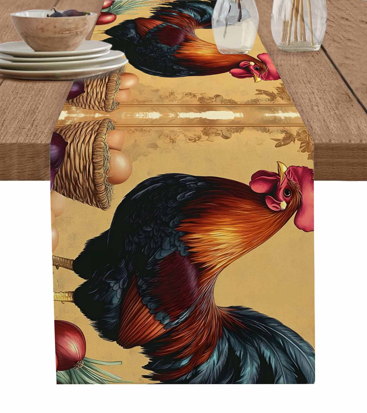 Vintage Rooster Burlap Cotton Table Runner 13x48 Inches Long, Pastoral ...