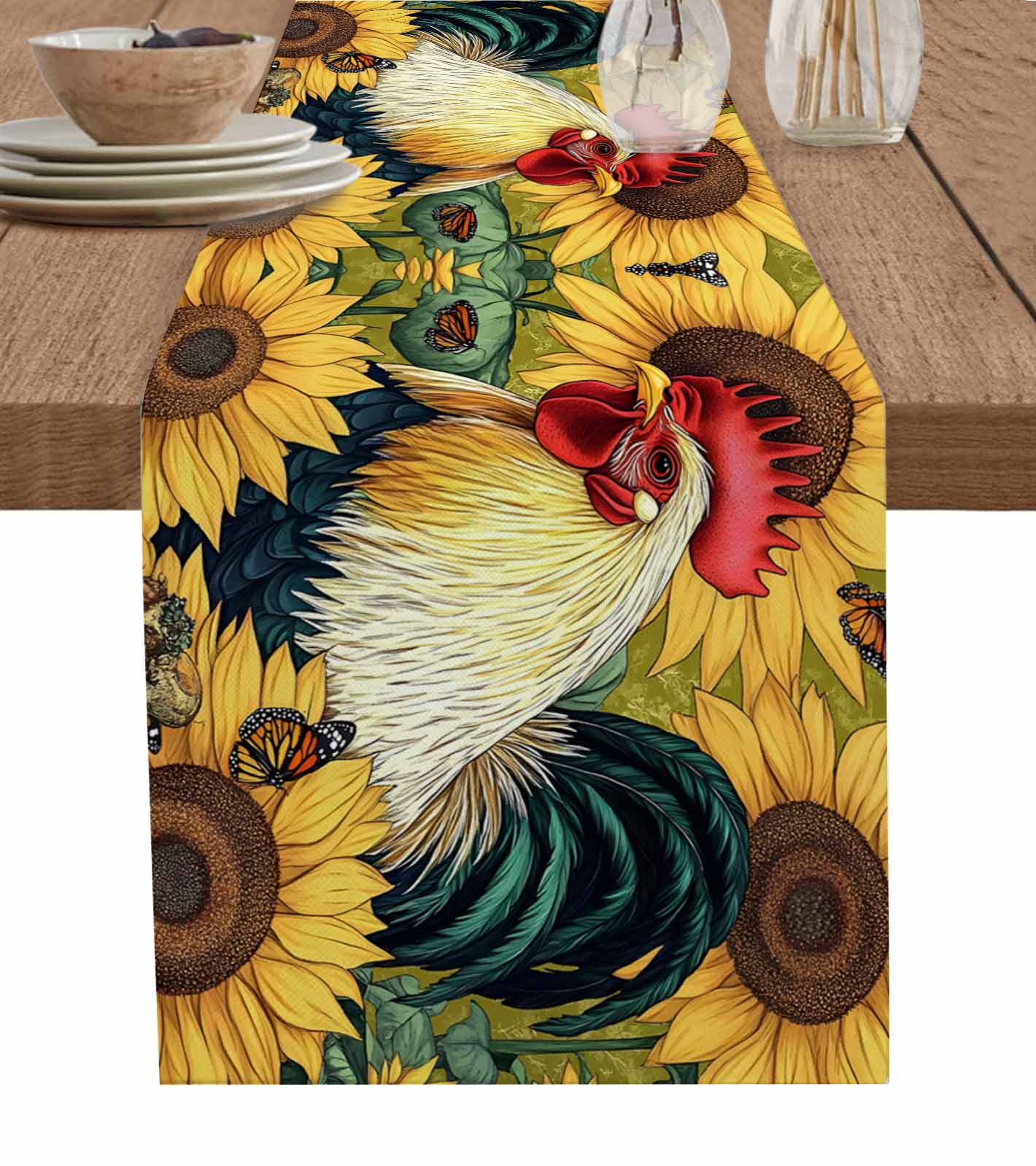 Vintage Rooster Burlap Cotton Table Runner 13x70 Inches Long, Sunflower ...