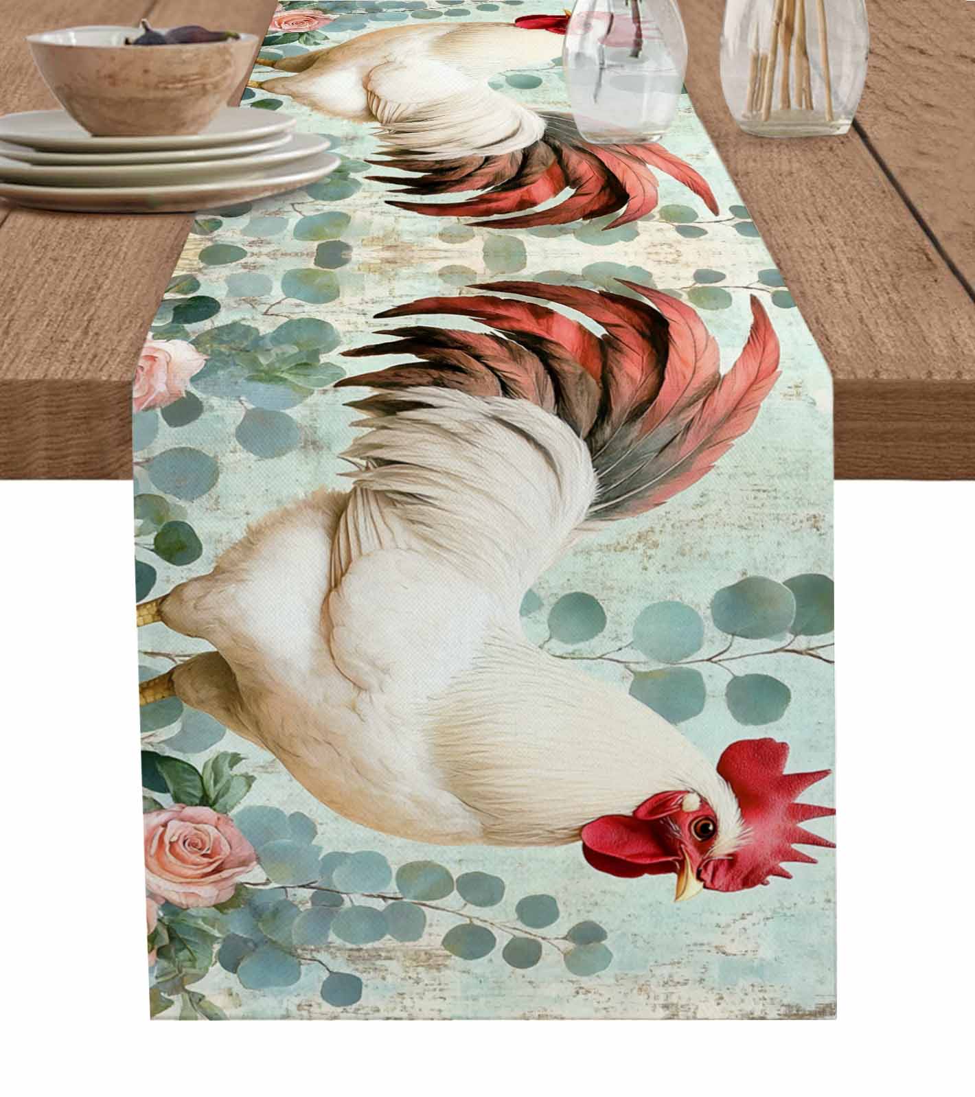 Vintage Rooster Burlap Cotton Table Runner 13x72 Inches Long ...