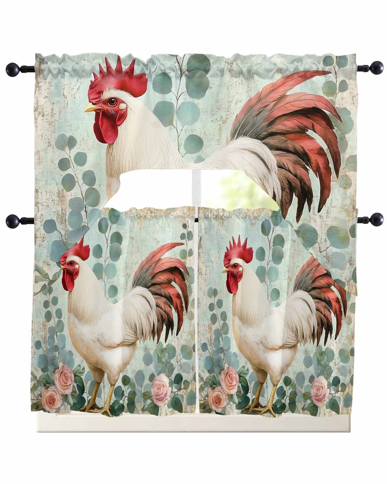 Vintage Rooster Kitchen Curtains Sets 24 Inch Length with Valance ...