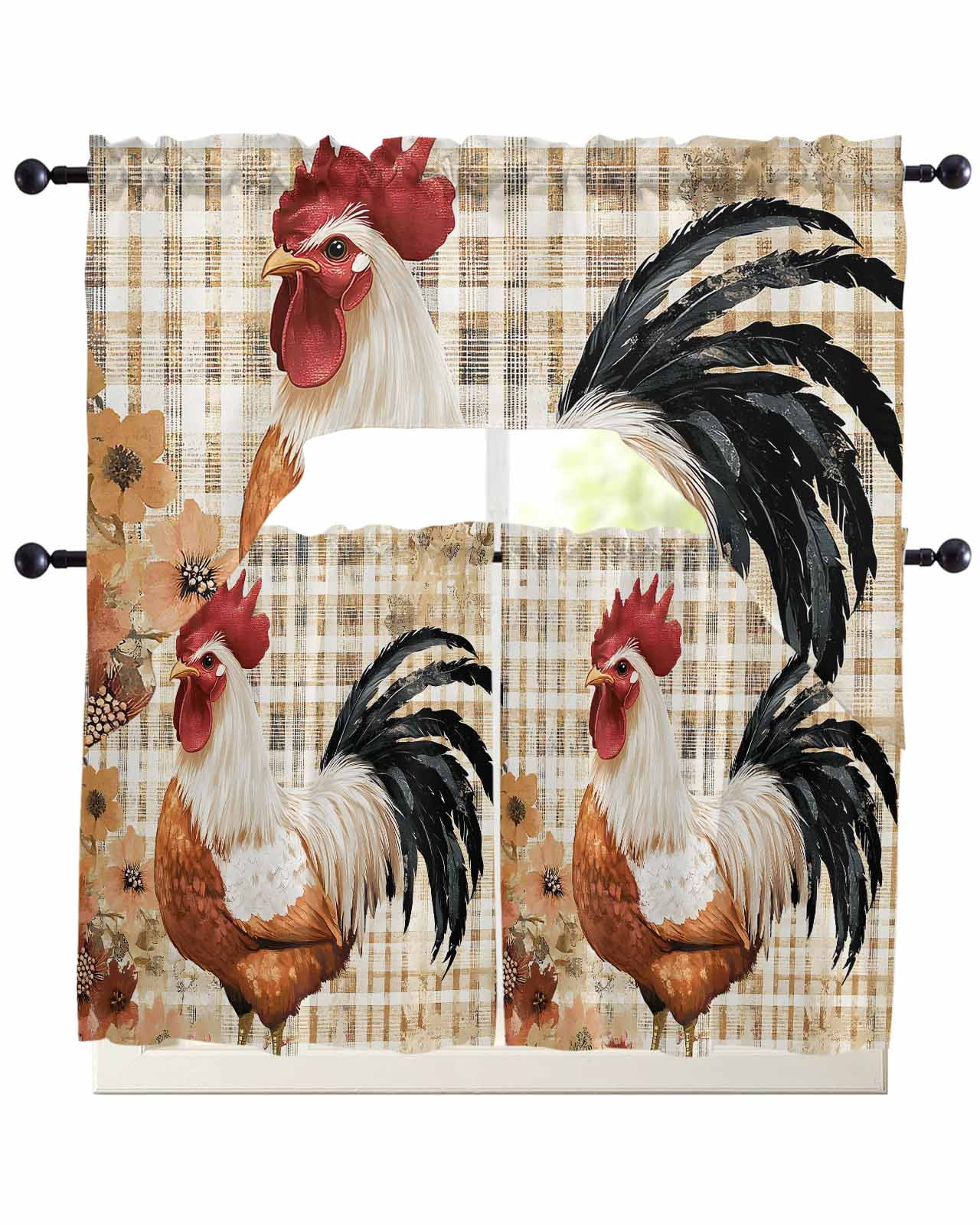 Vintage Rooster Kitchen Curtains Sets 24 Inch Length with Valance ...
