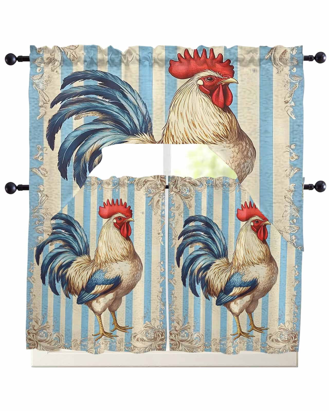 Vintage Rooster Kitchen Curtains Sets 24 Inch Length with Valance ...