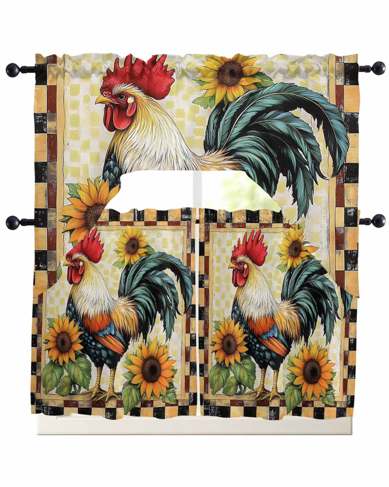 Vintage Rooster Kitchen Curtains Sets 24 Inch Length with Valance ...