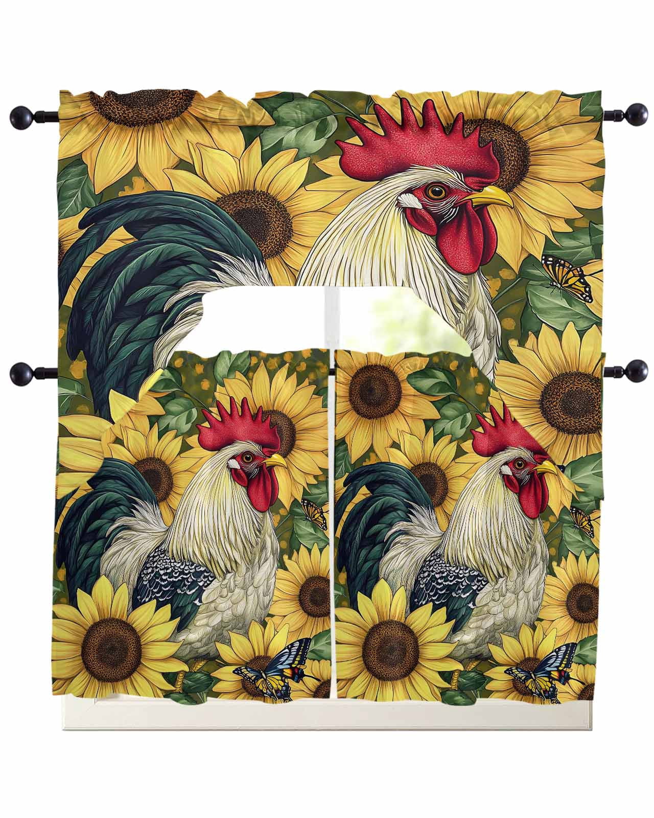 Vintage Rooster Kitchen Curtains Sets 24 Inch Length with Valance ...