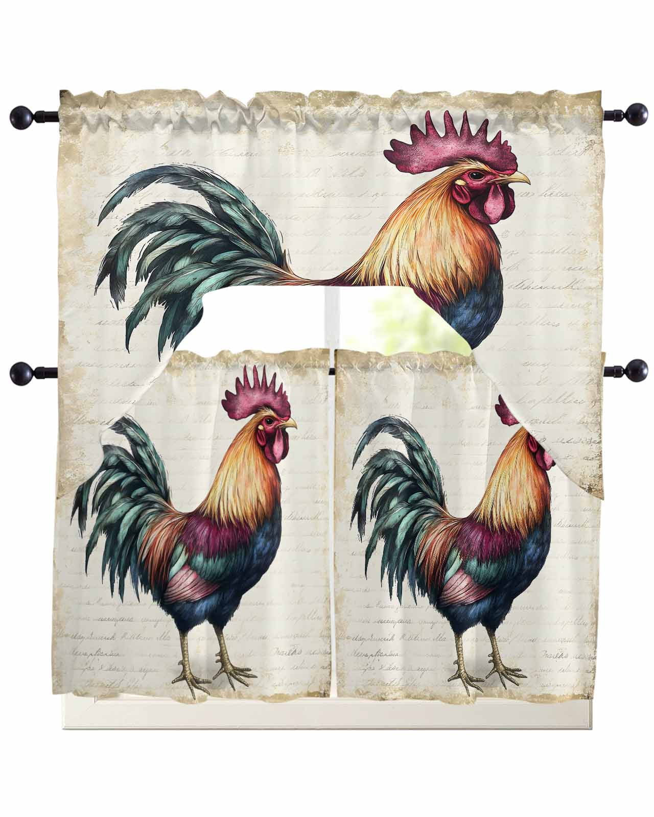 Vintage Rooster Kitchen Curtains Sets 36 Inch Length with Valance ...