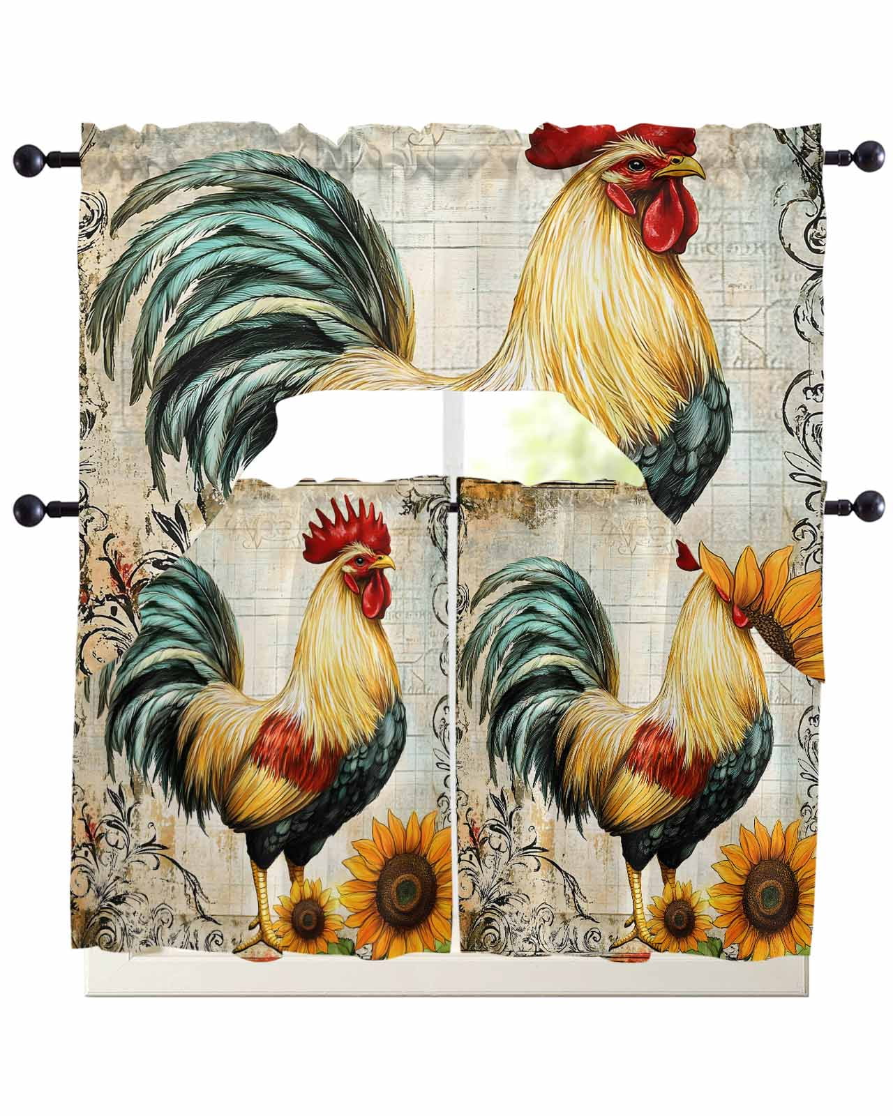 Vintage Rooster Kitchen Curtains Sets 36 Inch Length with Valance ...