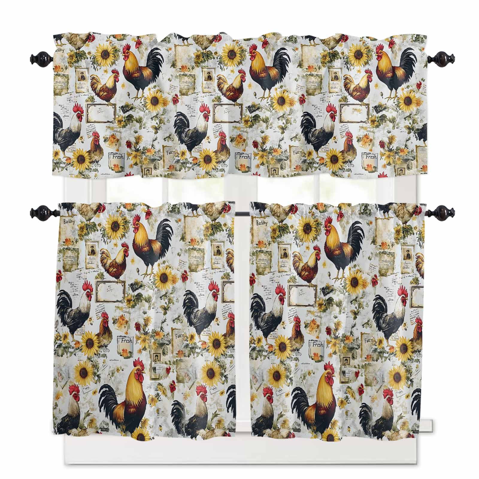 Vintage Rooster Kitchen Curtains Valances and Tiers Set of 3 ...