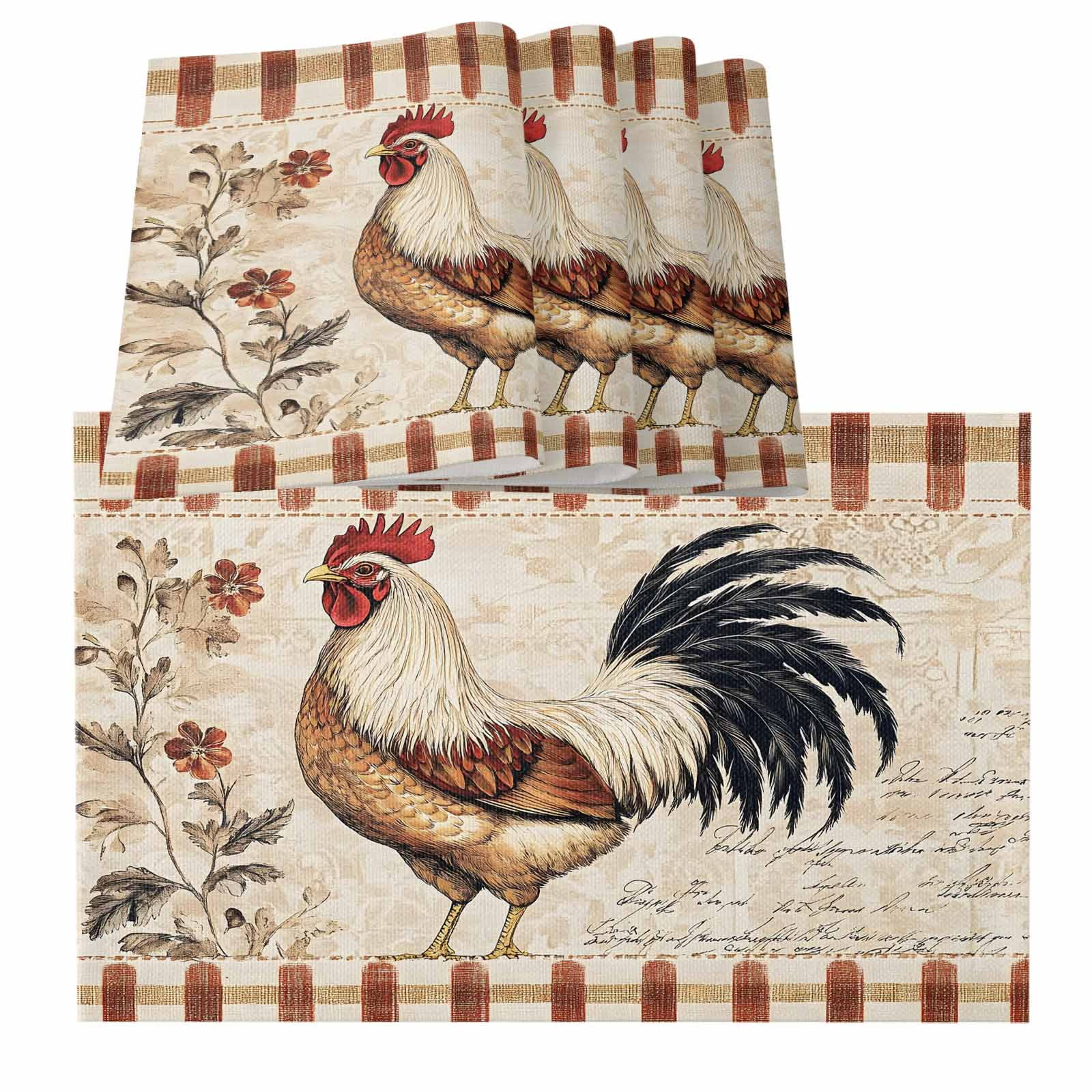 Vintage Rooster Placemats for Dinning Table Set of 4,Watercolor Spring ...