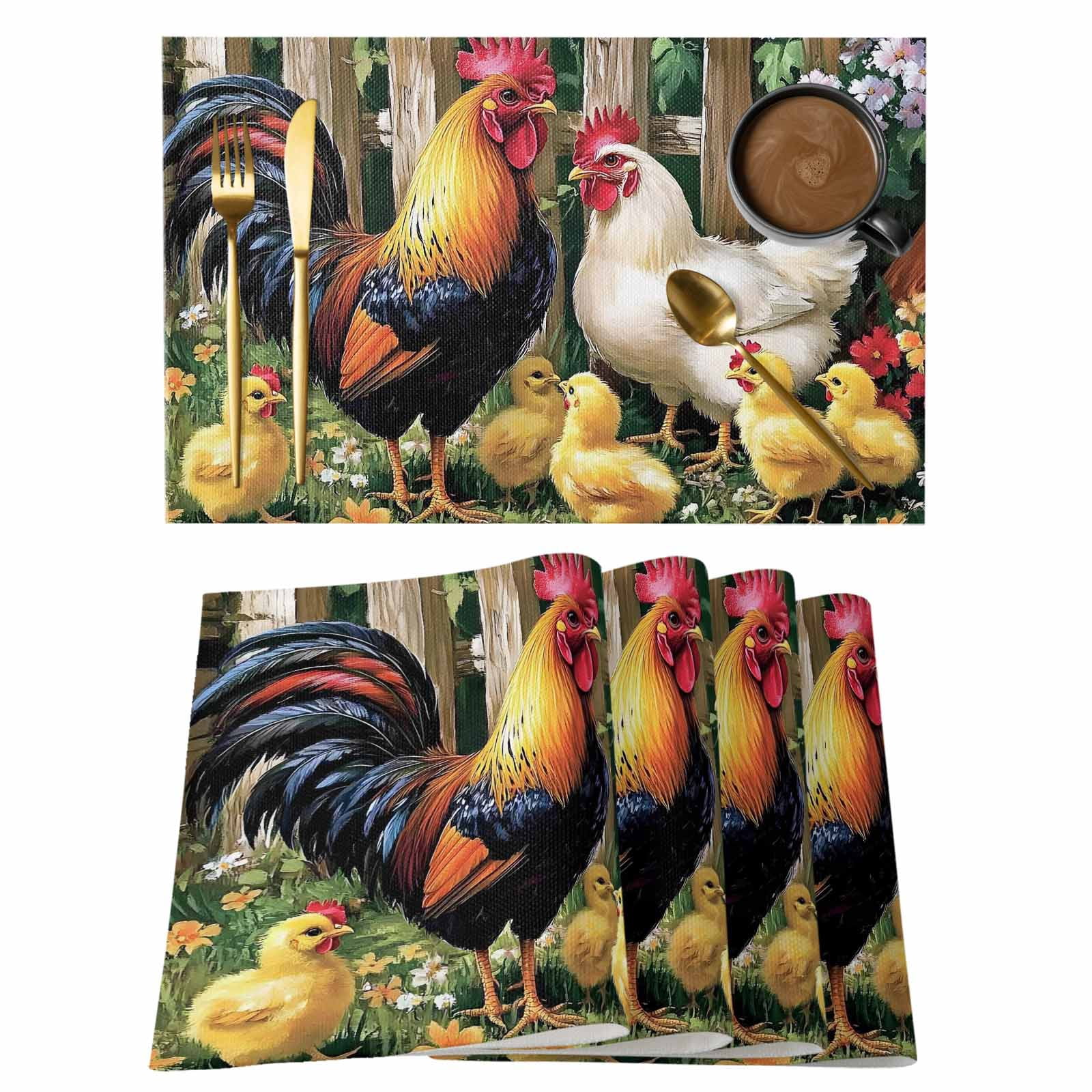 Vintage Rooster Placemats Set of 4, Farmhouse Chick Hen Animal ...