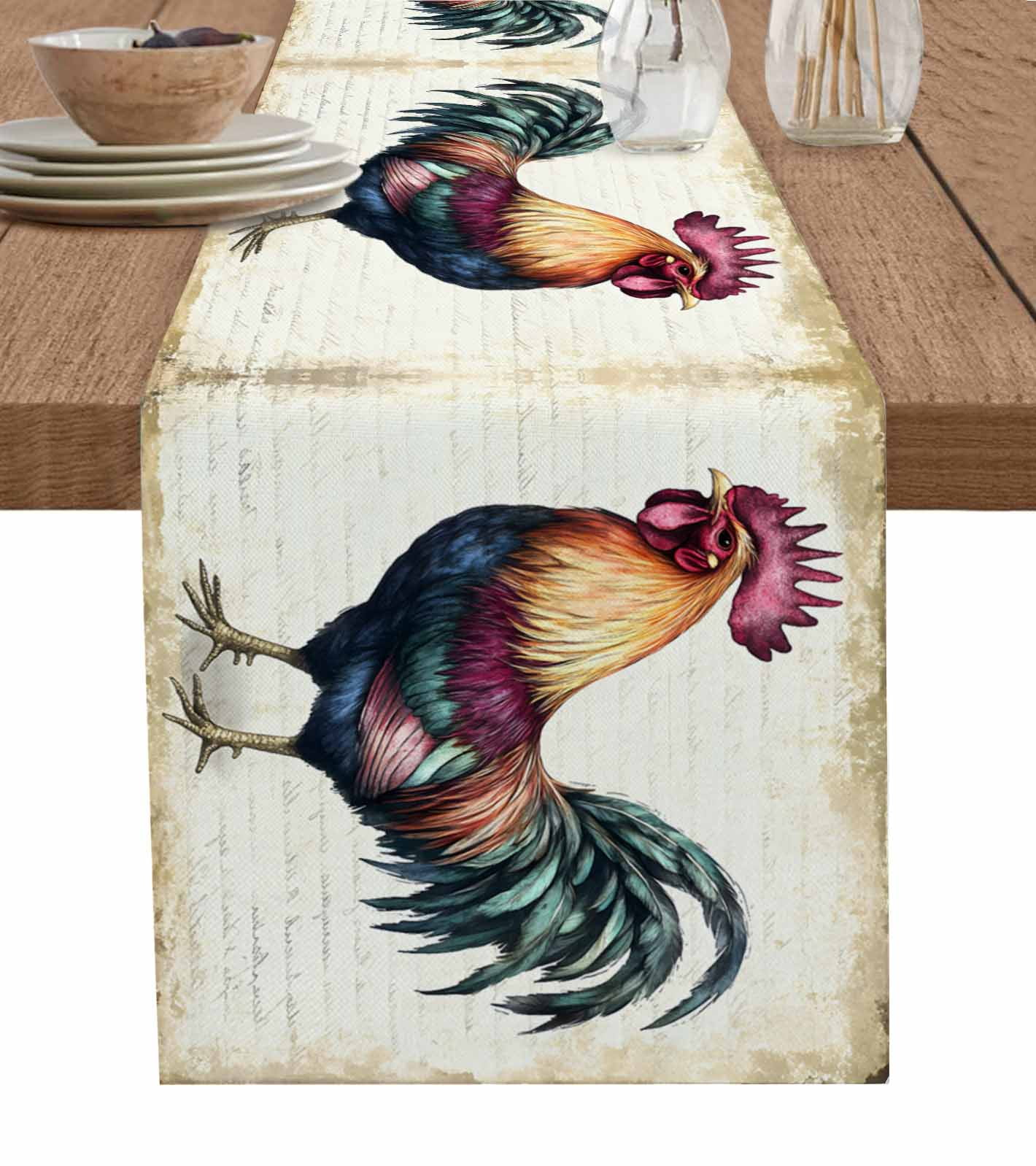 Vintage Rooster Table Runner 108 Inches, Farmhouse Retro Country Animal ...