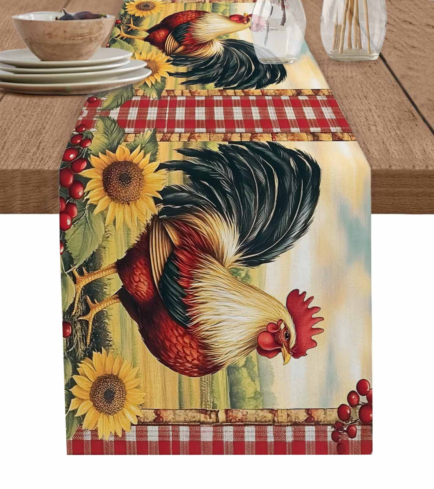 Vintage Rooster Table Runner 108 Inches, Pastoral Watercolor Sunflower ...