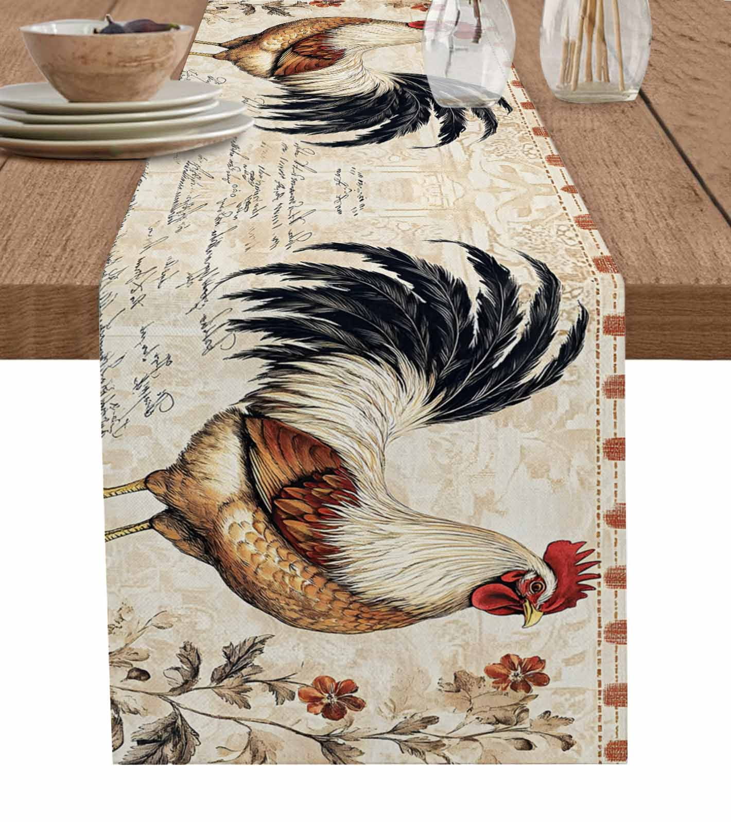 Vintage Rooster Table Runner 108 Inches, Watercolor Spring Floral ...