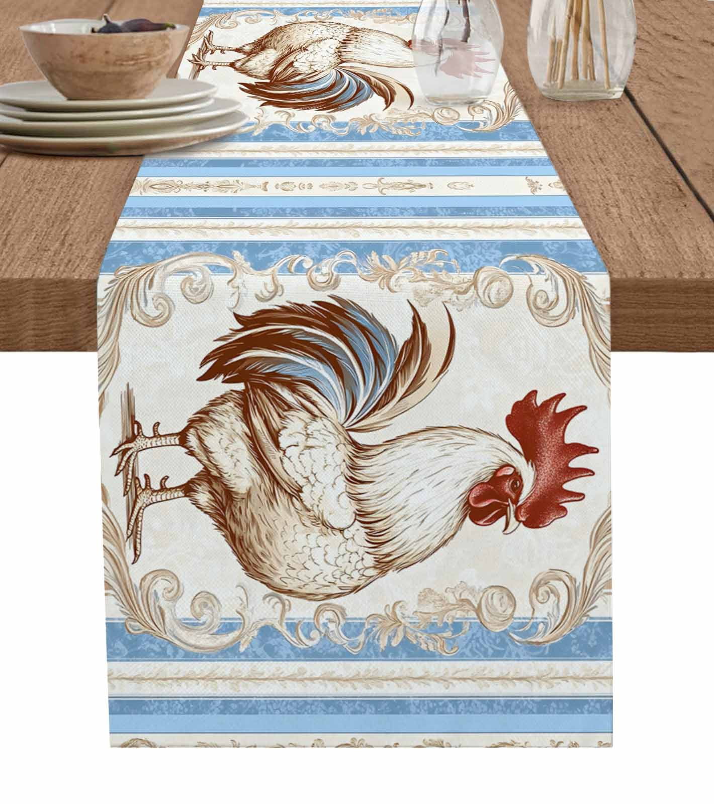 Vintage Rooster Table Runner 120 Inches, Farmhouse Striped Watercolor ...