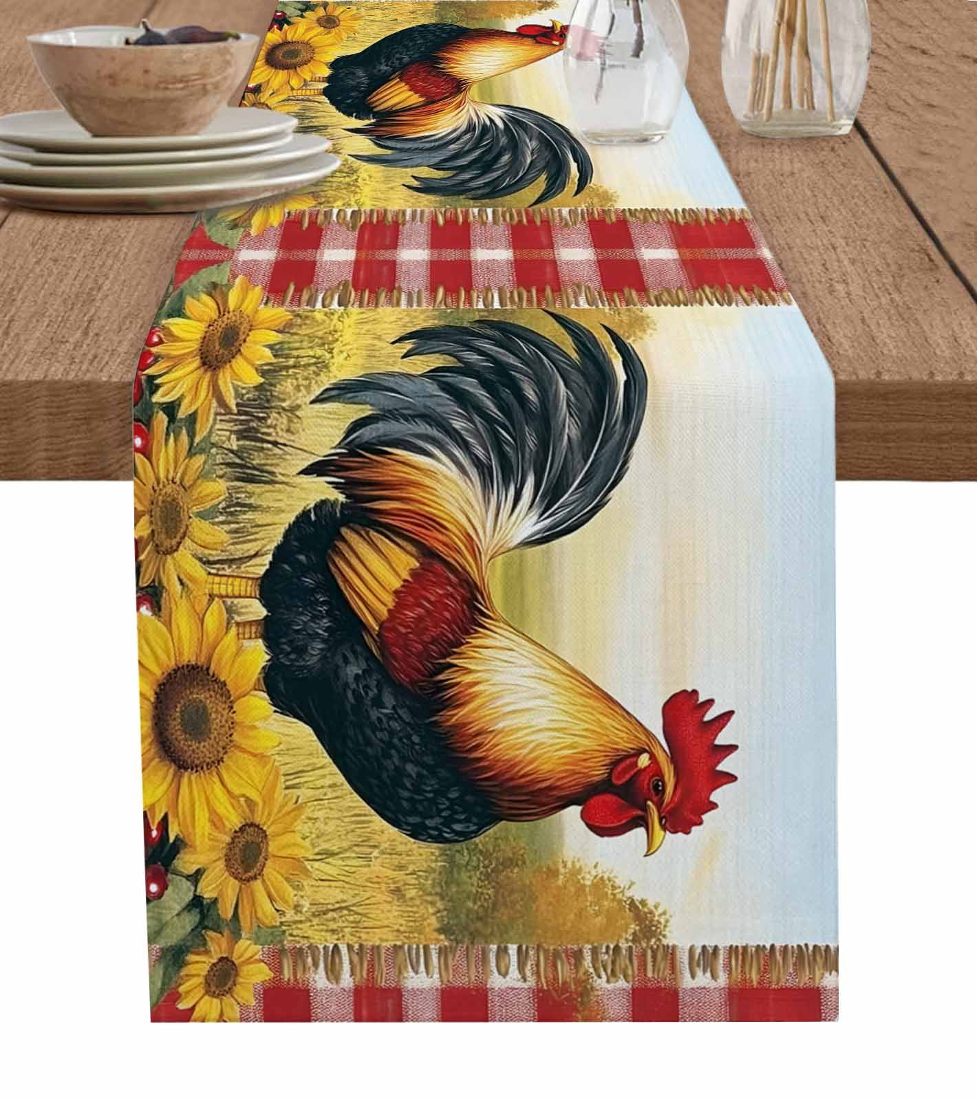 Vintage Rooster Table Runner 36 Inches, Yellow Sunflower Red Plaid ...