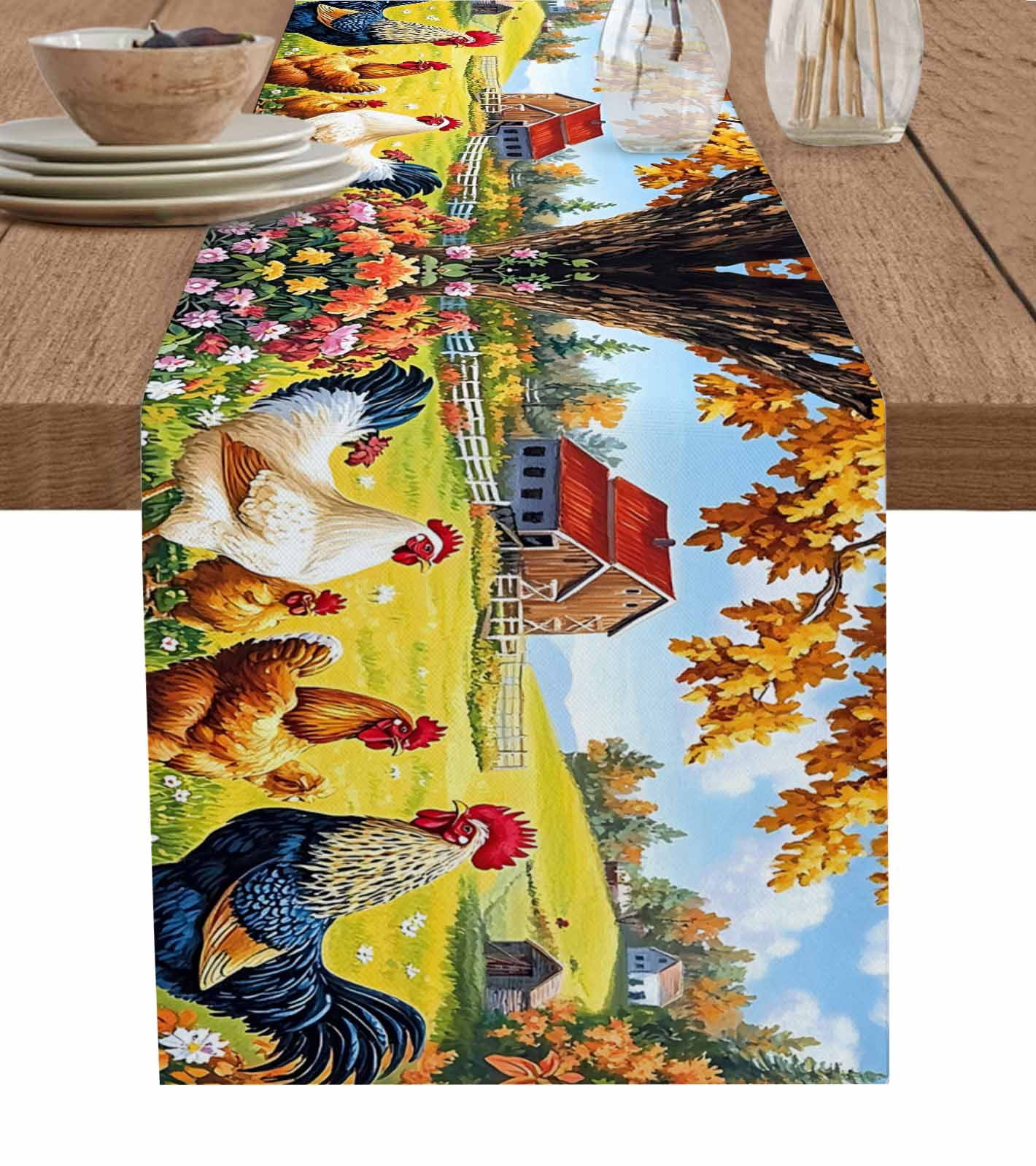 Vintage Rooster Table Runner 72 Inches, Farmhouse Animals Spring Floral ...