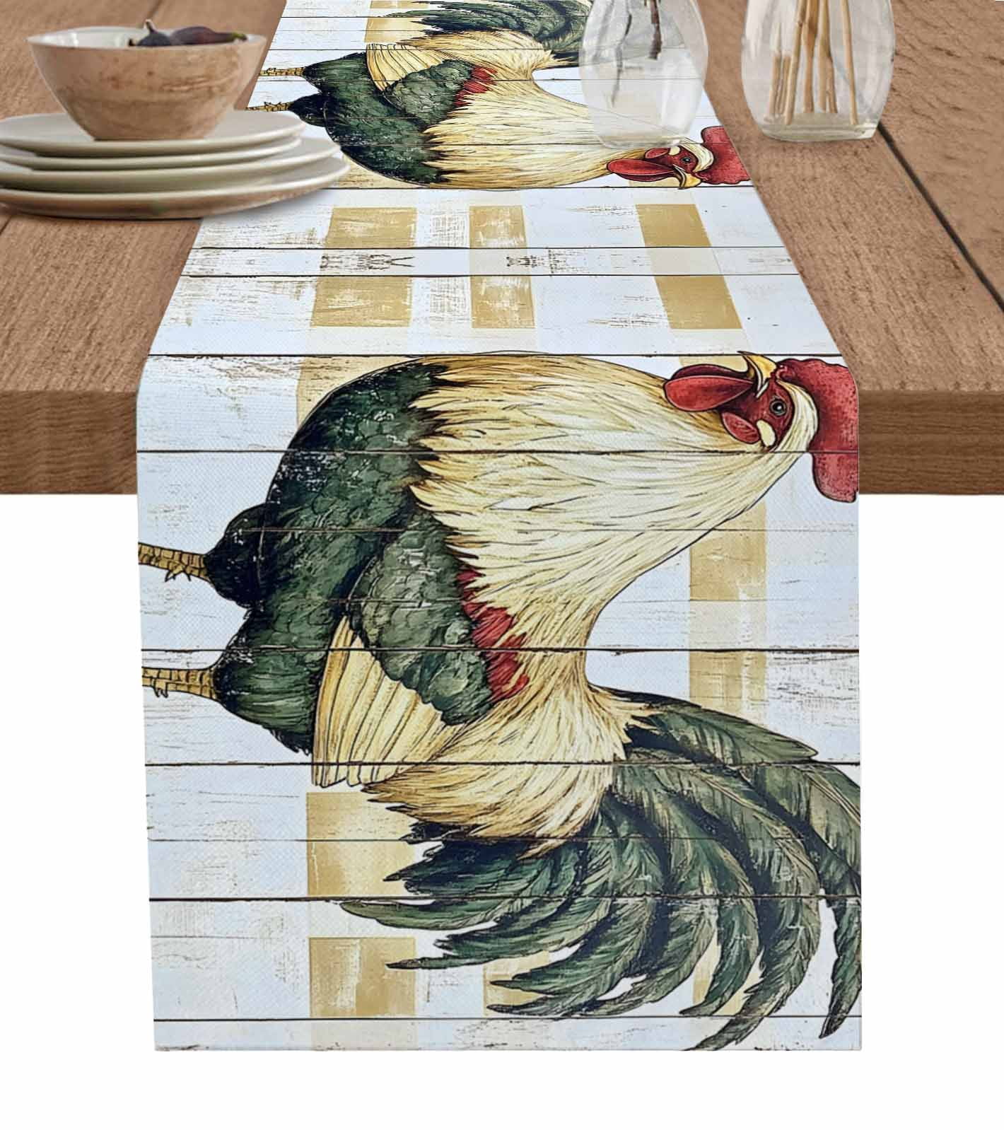 Vintage Rooster Table Runner 72 Inches, Retro Pastoral Animals Wooden ...