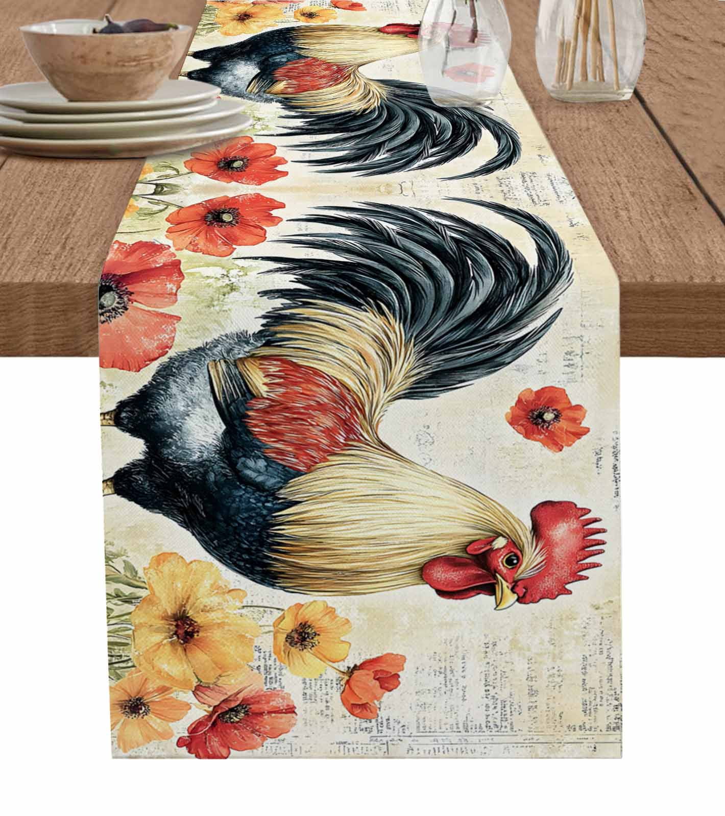 Vintage Rooster Table Runner 72 Inches, Spring Floral Watercolor ...