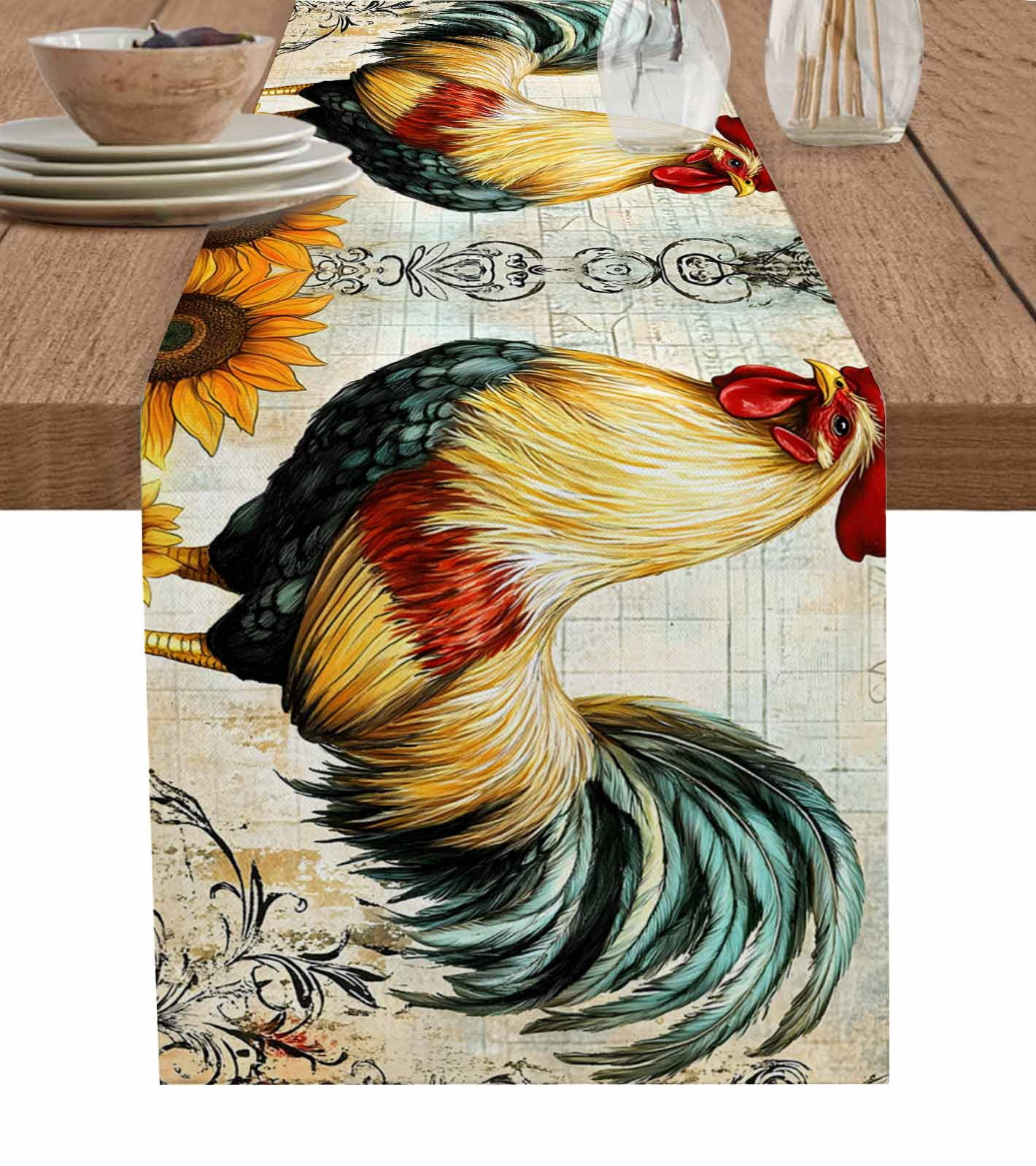 Vintage Rooster Table Runner 72 Inches, Sunflower Watercolor Farmhouse ...