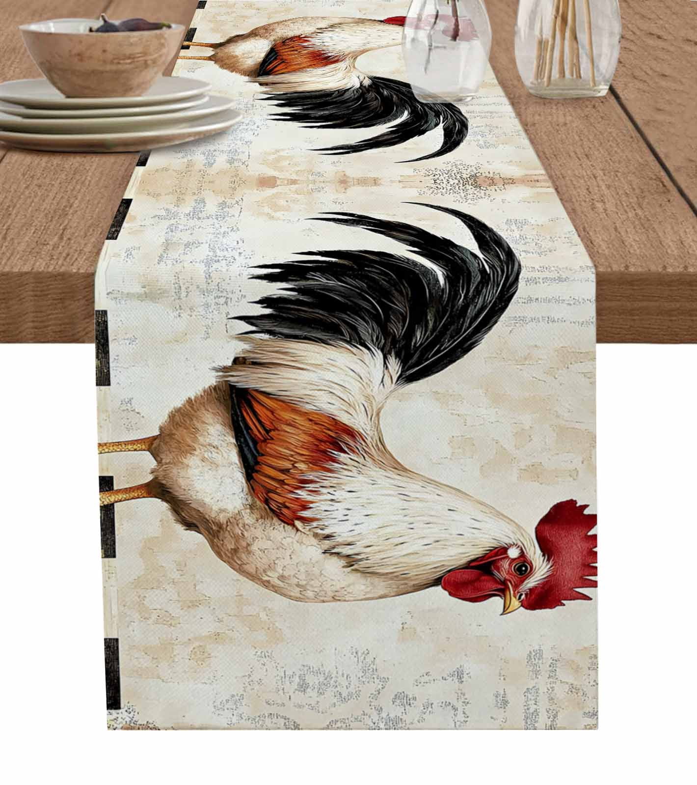 Vintage Rooster Table Runner 72 Inches, Watercolor Pastoral Animals ...