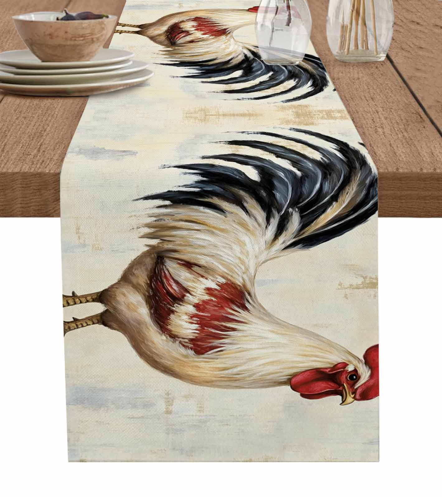 Vintage Rooster Table Runner 90 Inches, Farmhouse Animals Watercolor ...
