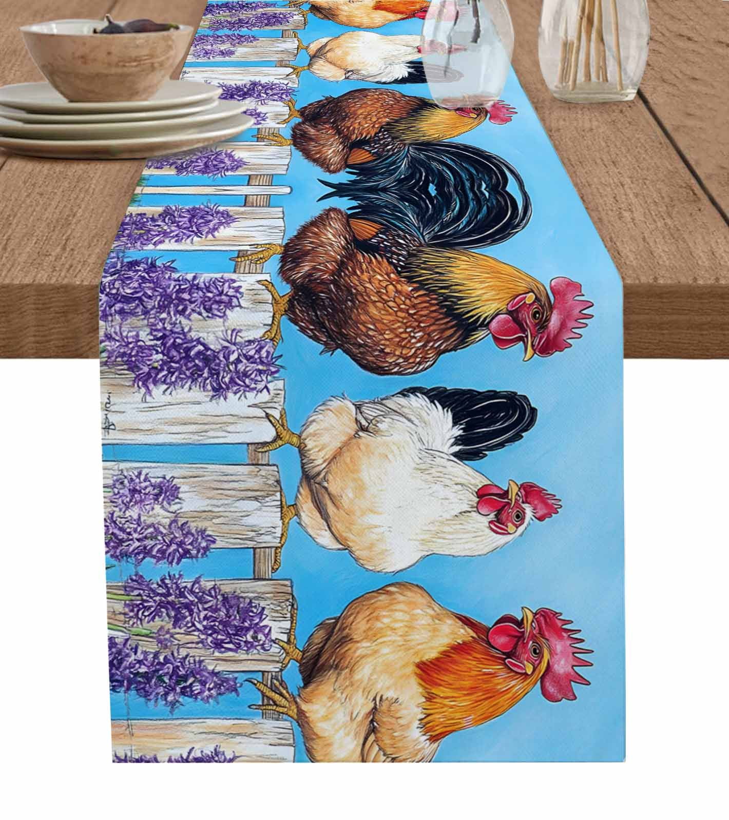 Vintage Rooster Table Runner 90 Inches, Spring Floral Farmhouse Animals ...