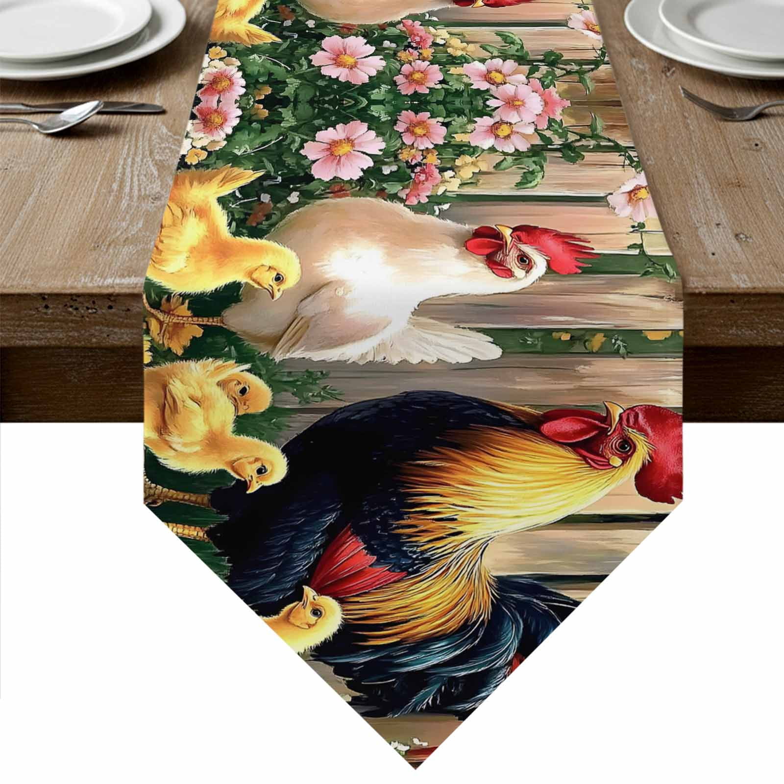 Vintage Rooster Table Runner Linen Burlap Table Runner 108 Inches Long ...