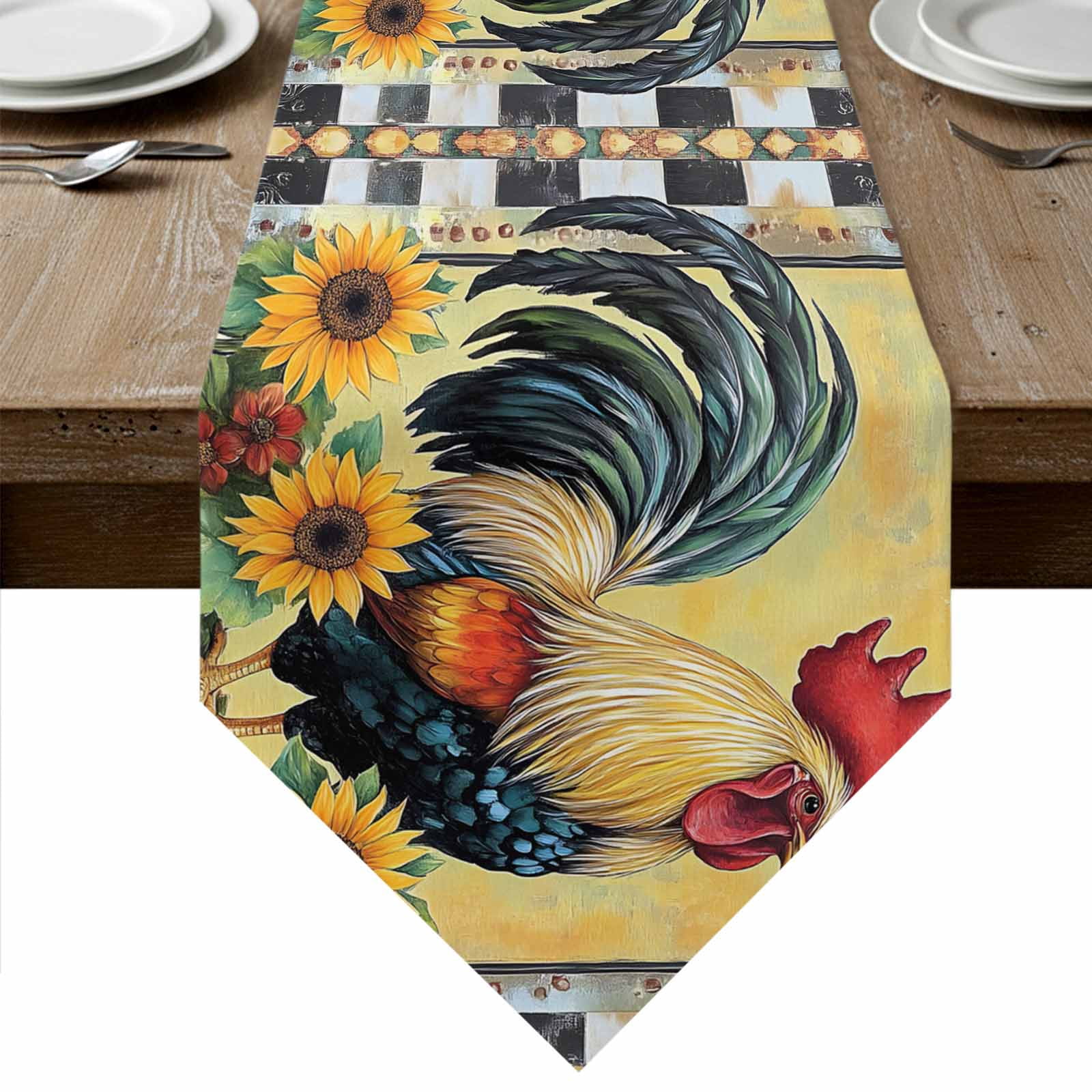 Vintage Rooster Table Runner Linen Burlap Table Runner 108 Inches Long ...