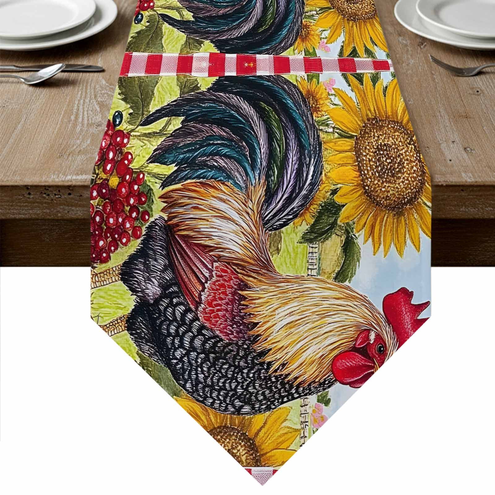 Vintage Rooster Table Runner Linen Burlap Table Runner 108 Inches Long ...