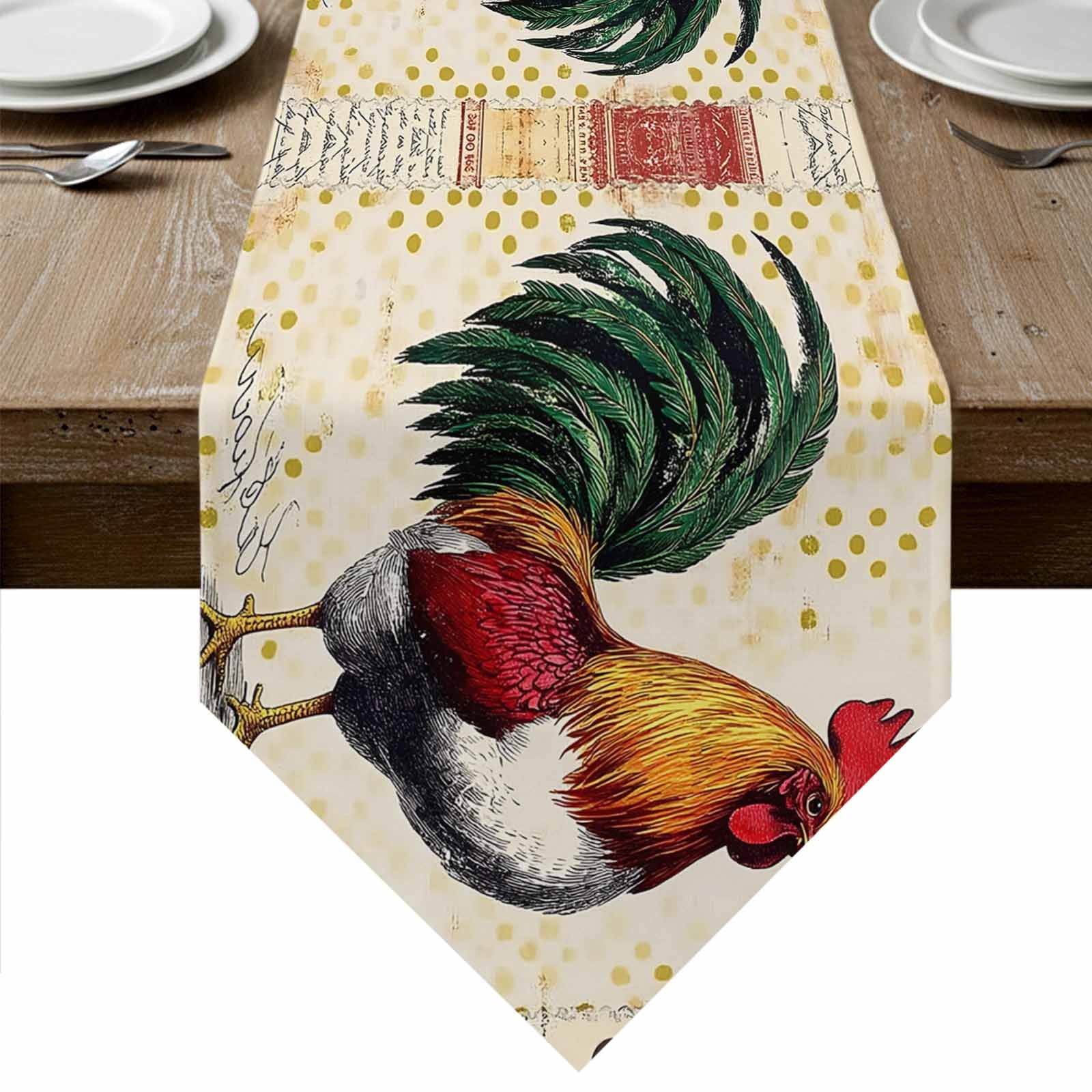 Vintage Rooster Table Runner Linen Burlap Table Runner 108 Inches Long ...