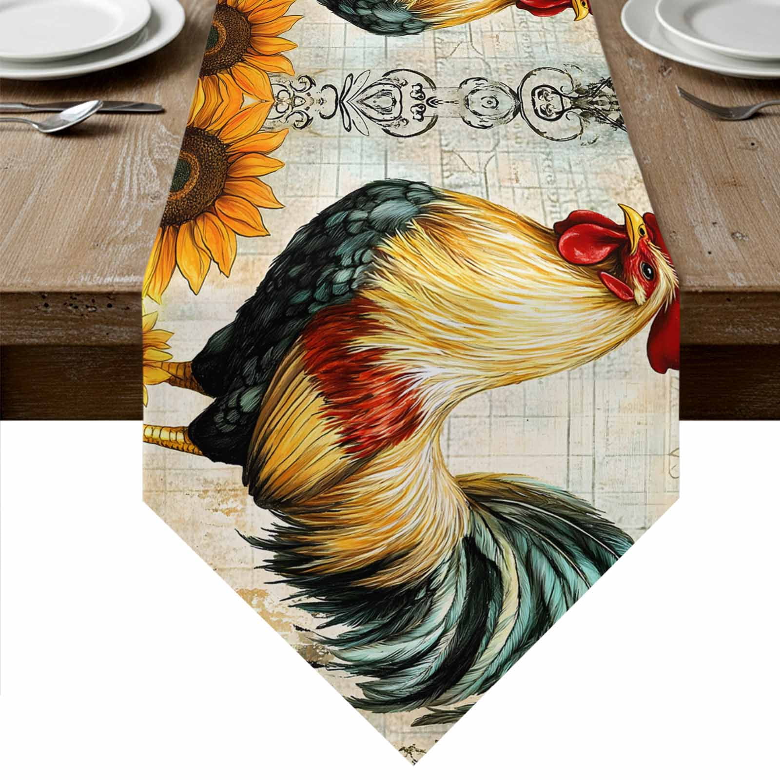 Vintage Rooster Table Runner Linen Burlap Table Runner 48 Inches Long ...