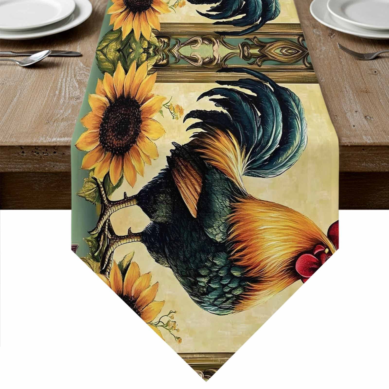Vintage Rooster Table Runner Linen Burlap Table Runner 60 Inches Long ...