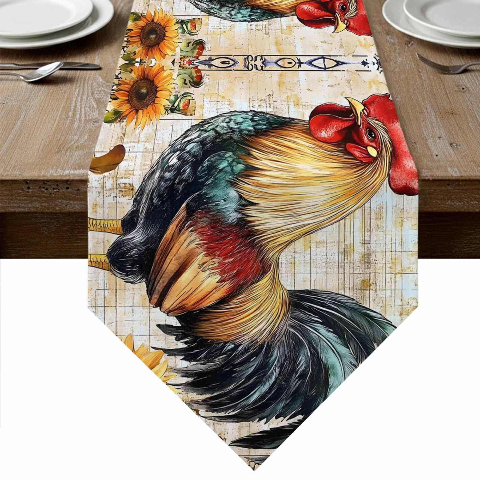 Vintage Rooster Table Runner Linen Burlap Table Runner 70 Inches Long ...