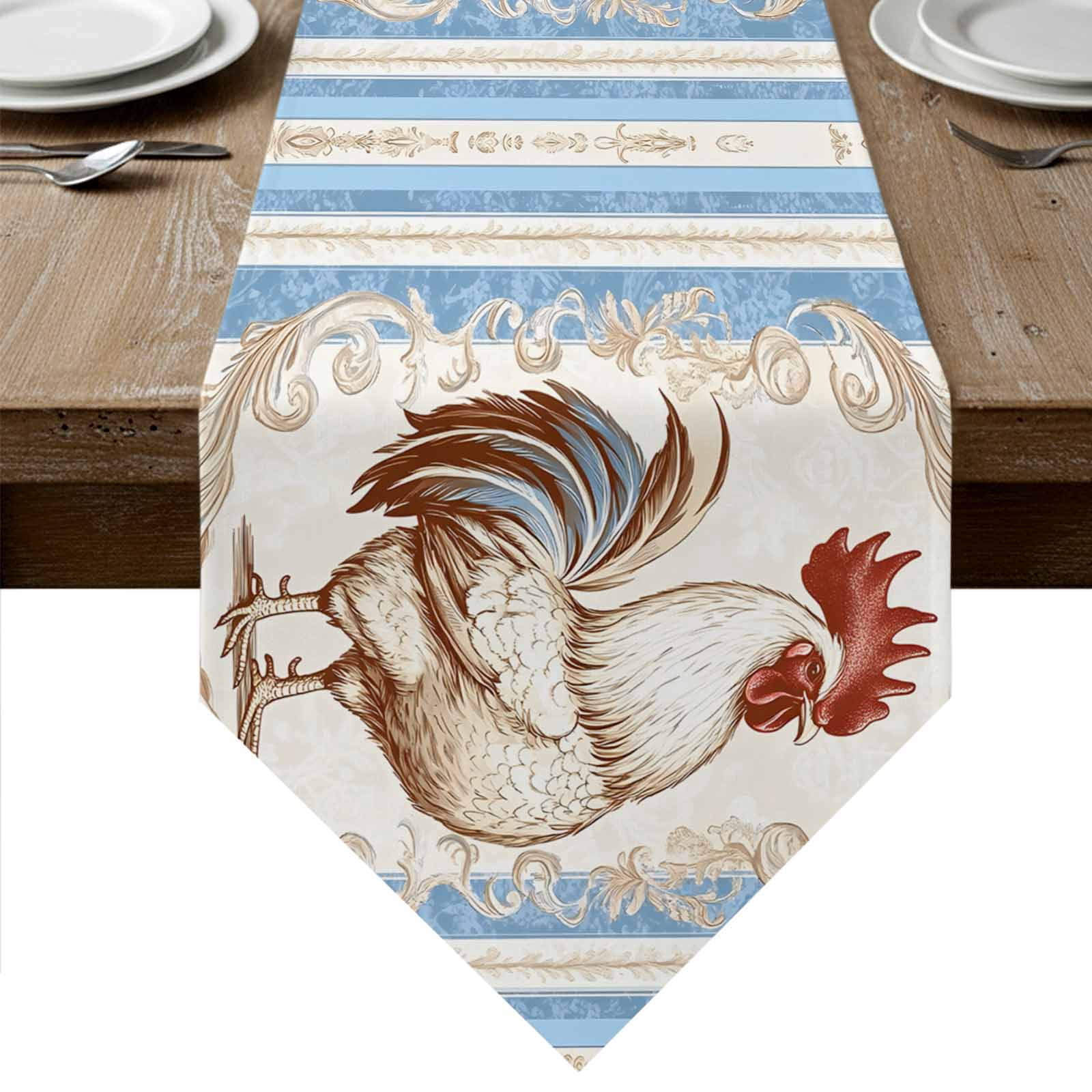 Vintage Rooster Table Runner Linen Burlap Table Runner 90 Inches Long ...