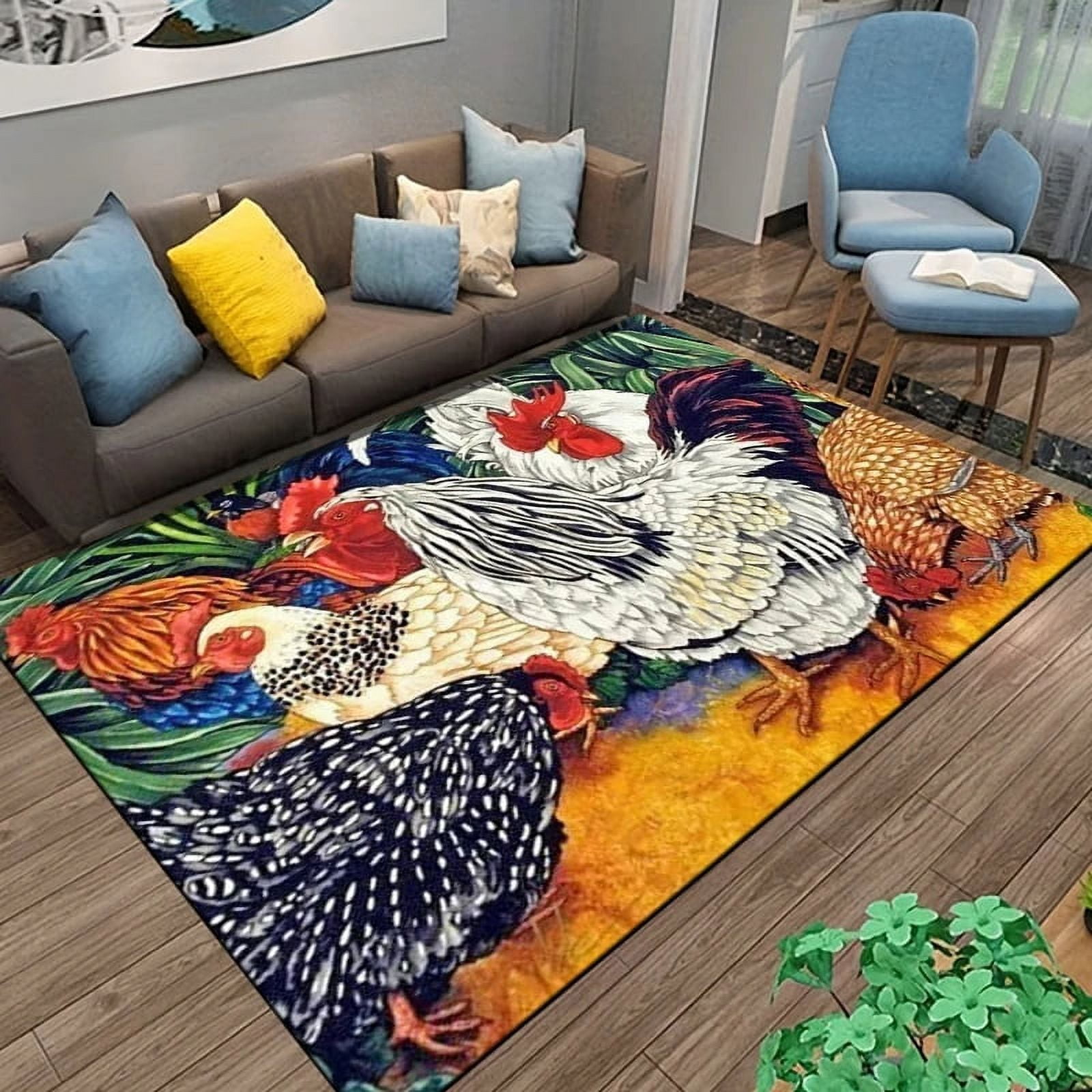 Vintage Rooster and Hen Chicken Area Rug Large Carpet Rug for Living ...