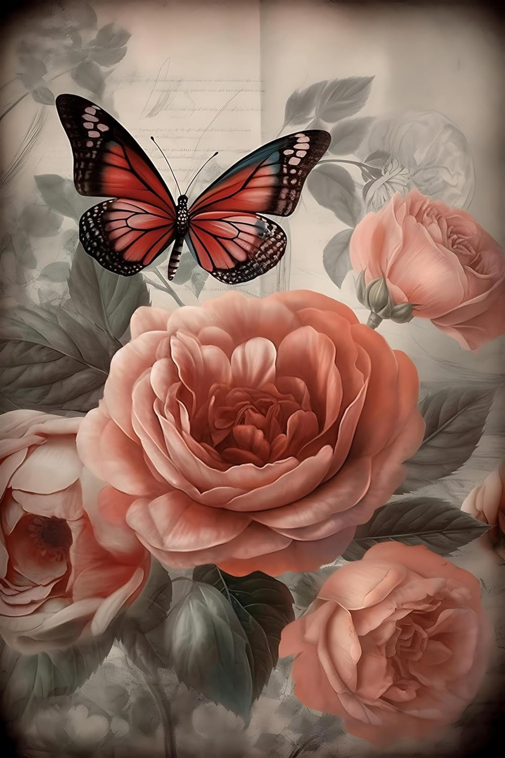 Vintage Rose Butterfly Poster Wall Art - Floral Animal HD Printed Artwork - Light Scarlet Rose ...