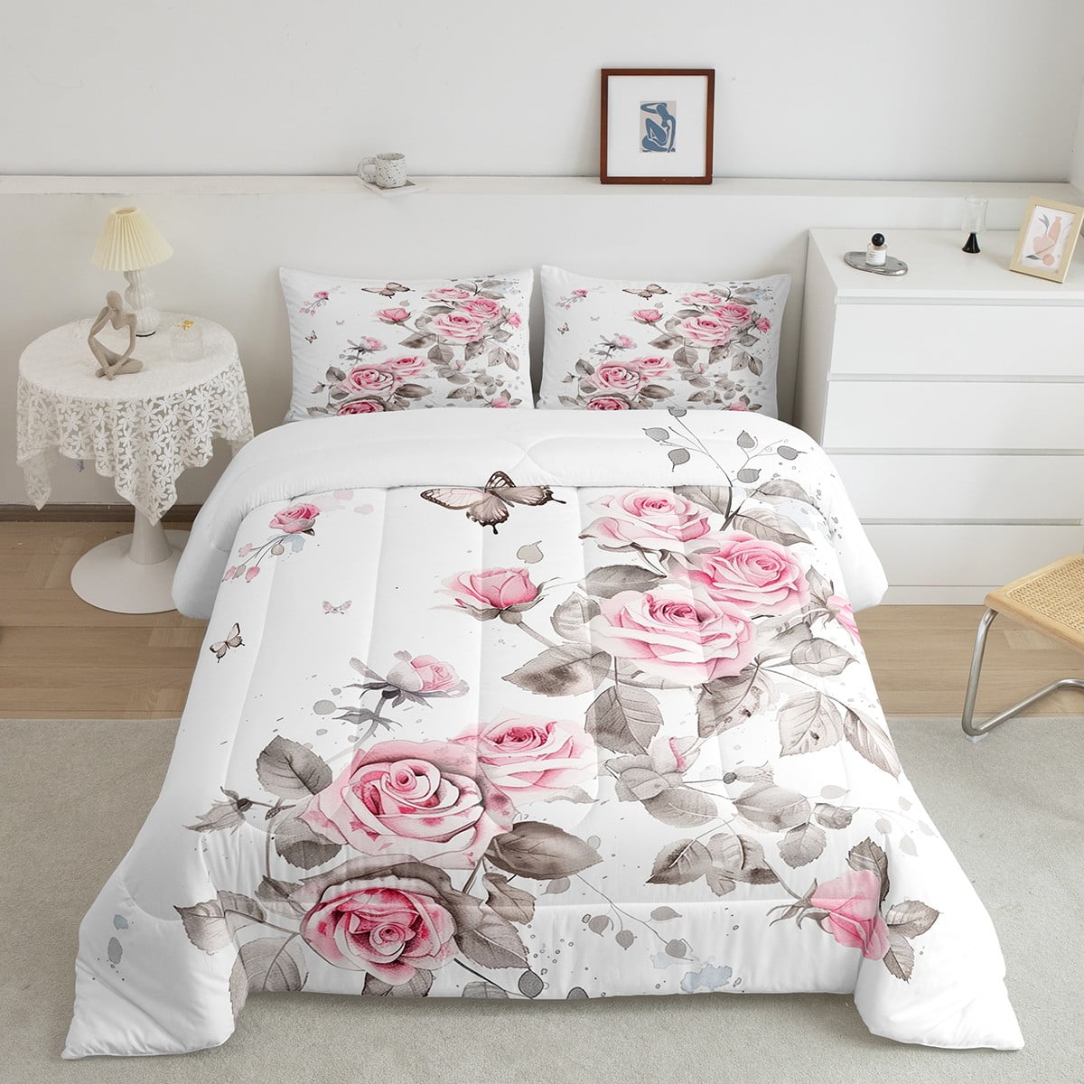 Vintage Rose Butterfly Twin Comforter Set,Romantic Rose Floral Bedding ...