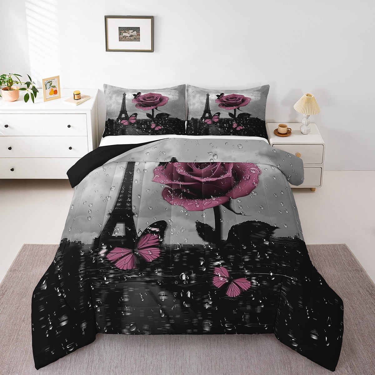 Vintage Rose Comforter Set, Deep Pink And Black Rose Flower Bedding ...