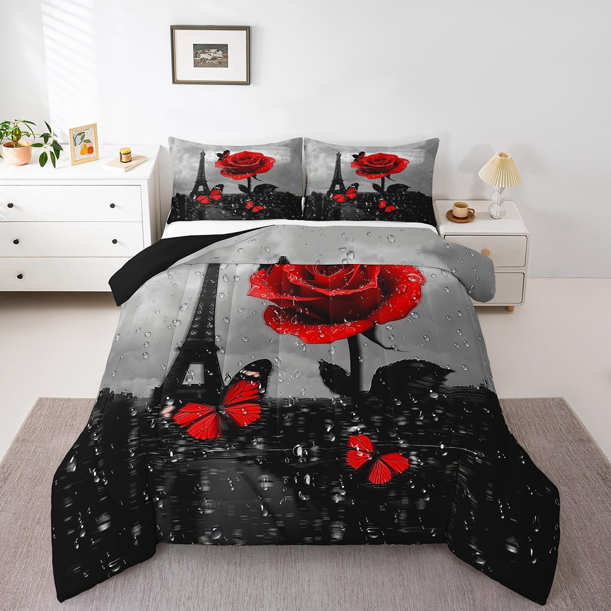 Vintage Rose Comforter Set, Red And Black Rose Flower Bedding ...
