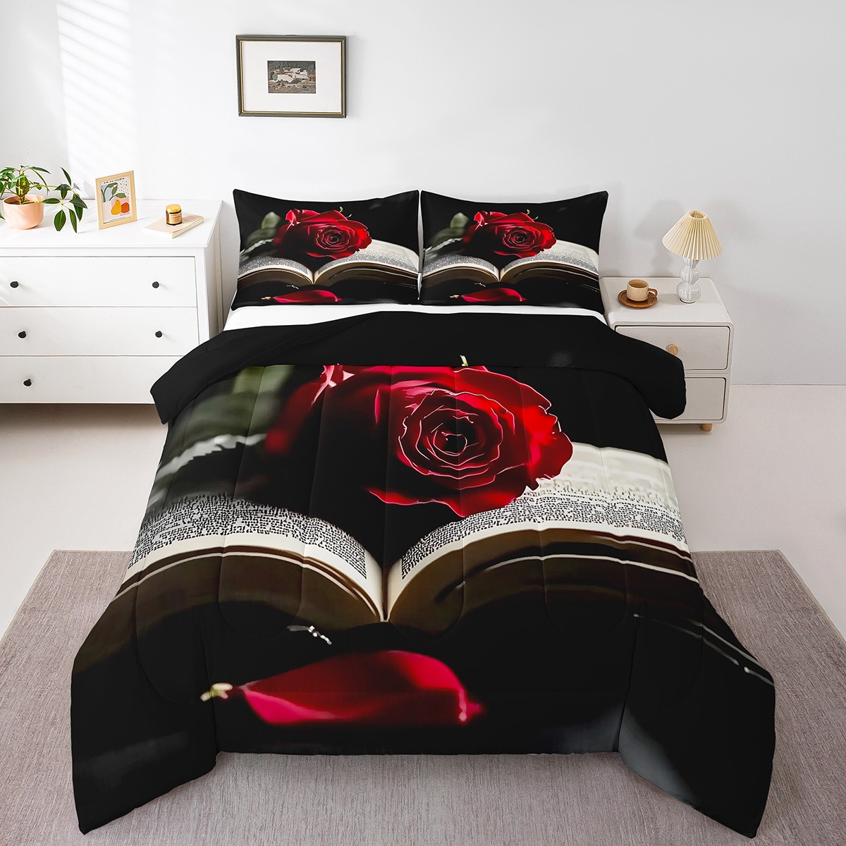 Vintage Rose Comforter Set, Red Rose Book Decor Bedding Romance Flower ...