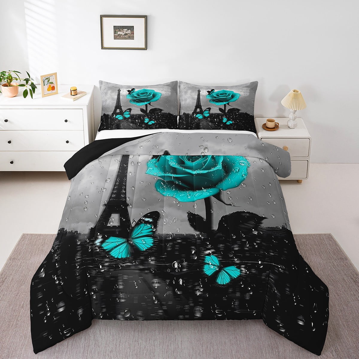 Vintage Rose Comforter Set, Turquoise And Black Rose Flower Bedding ...
