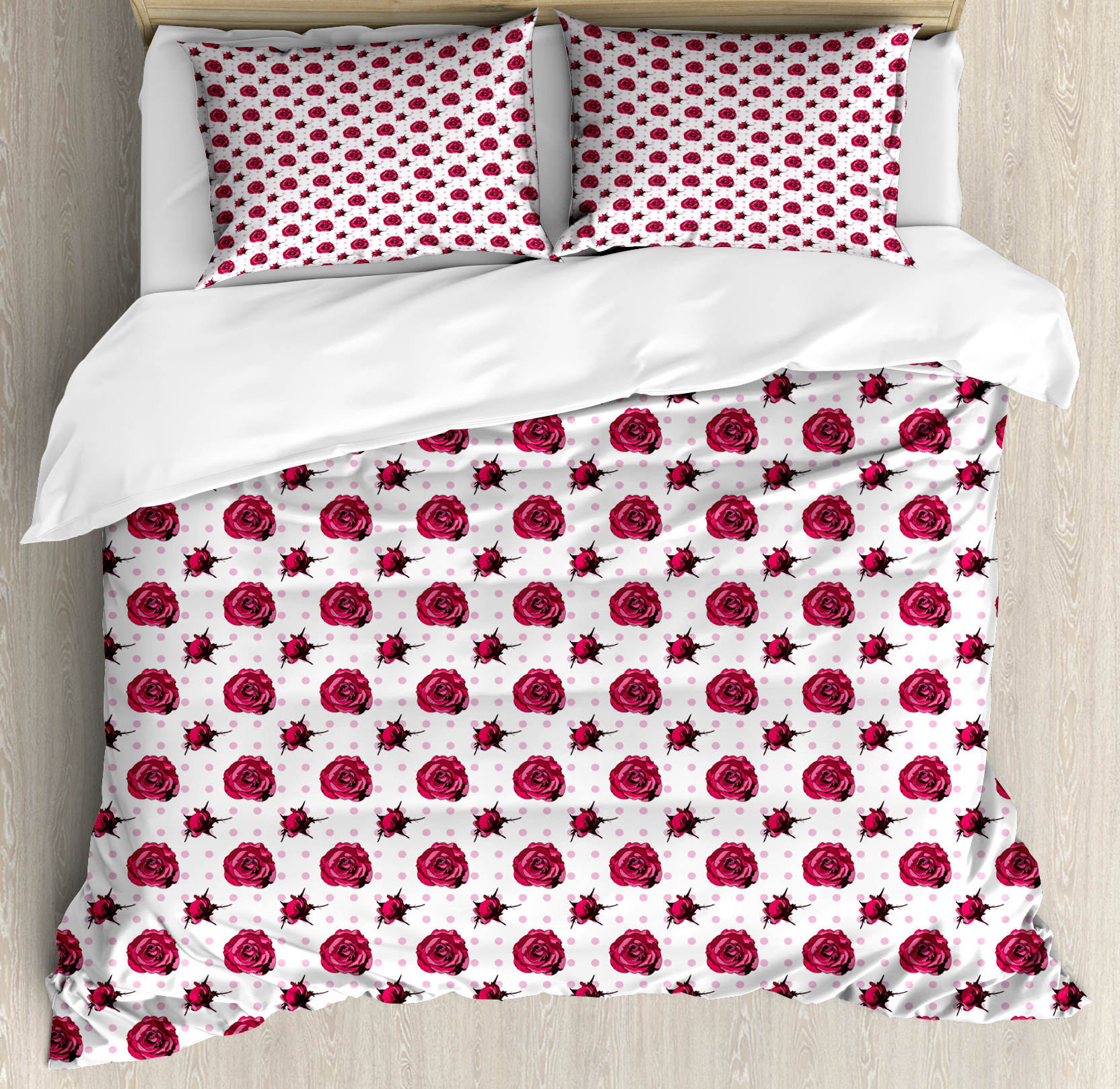 Vintage Rose Duvet Cover Set, Continuous Feminine Flowers on Polka Dots ...
