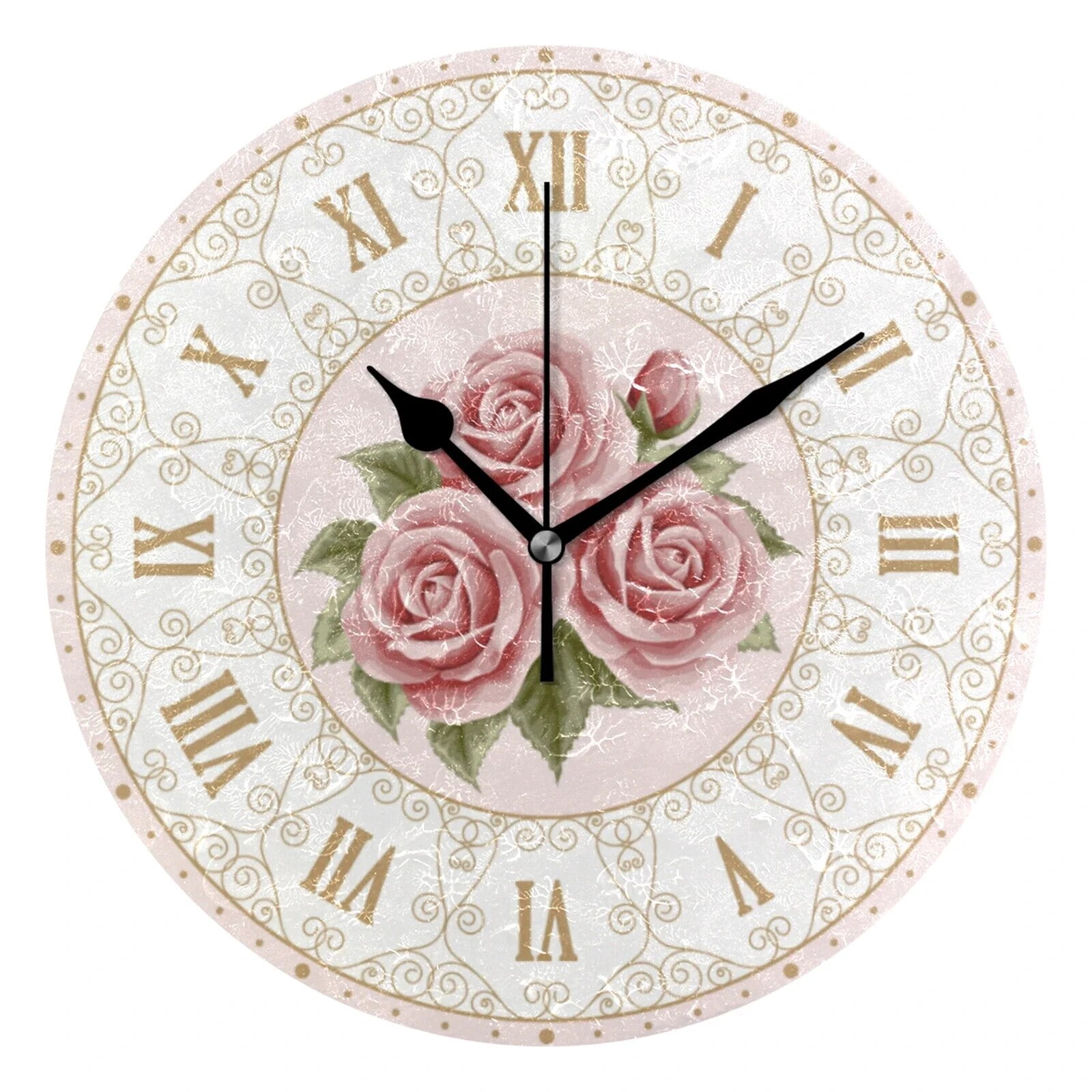Vintage Rose Flower Print Round Wall Clock Battery Operated Non-Ticking ...