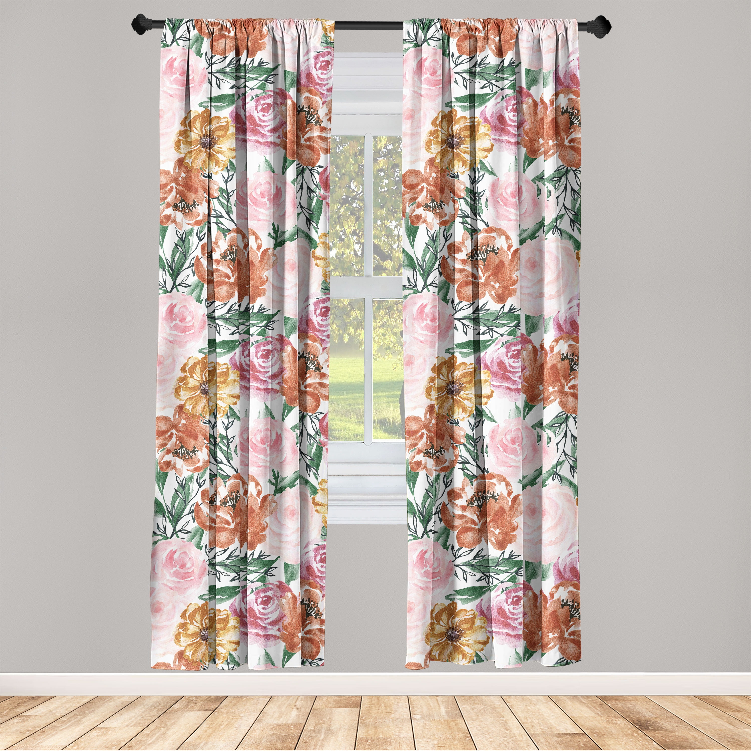 Vintage Rose Window Curtains, Leaves Greenery with Watercolor Style ...