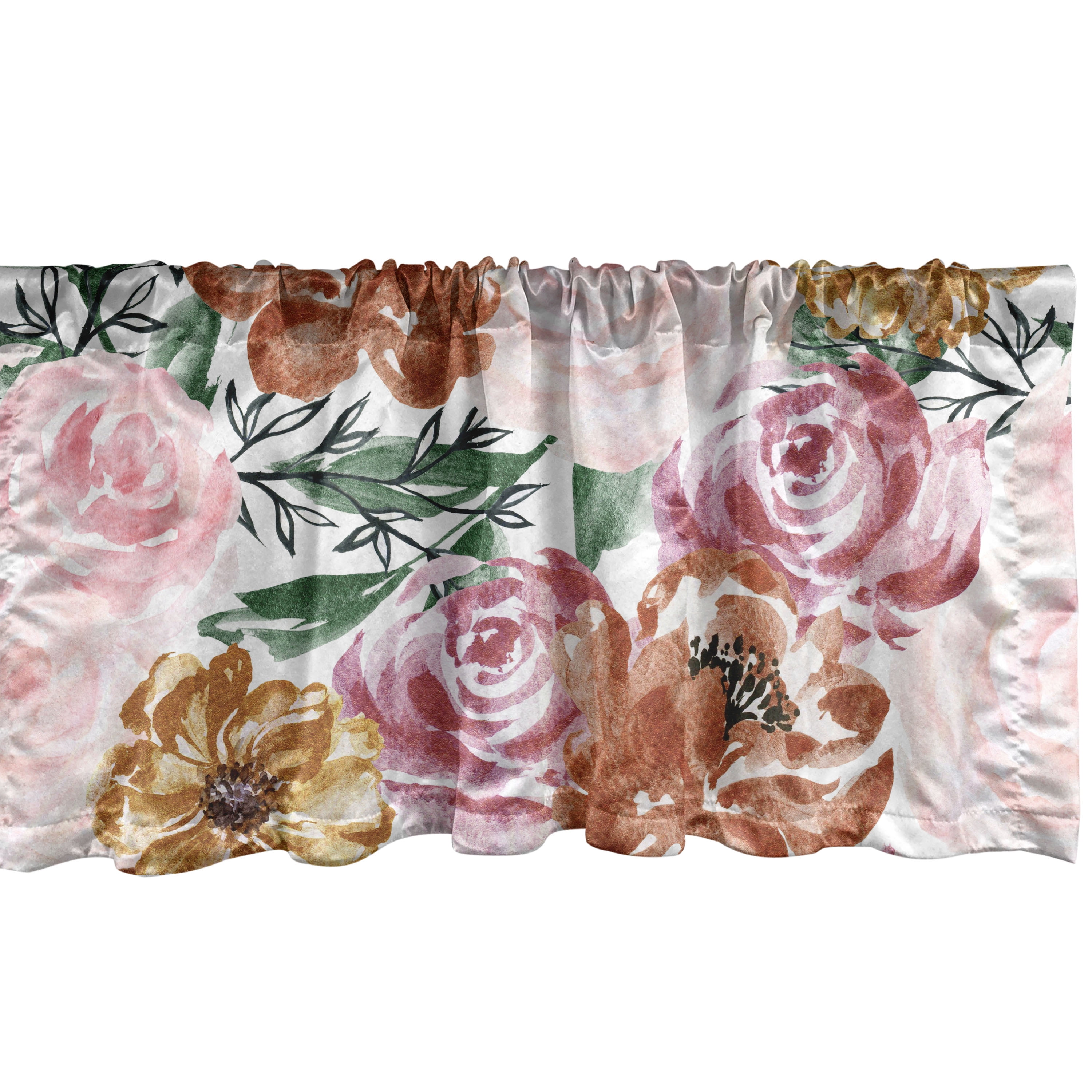Vintage Rose Window Valance, Leaves Greenery with Watercolor Style ...